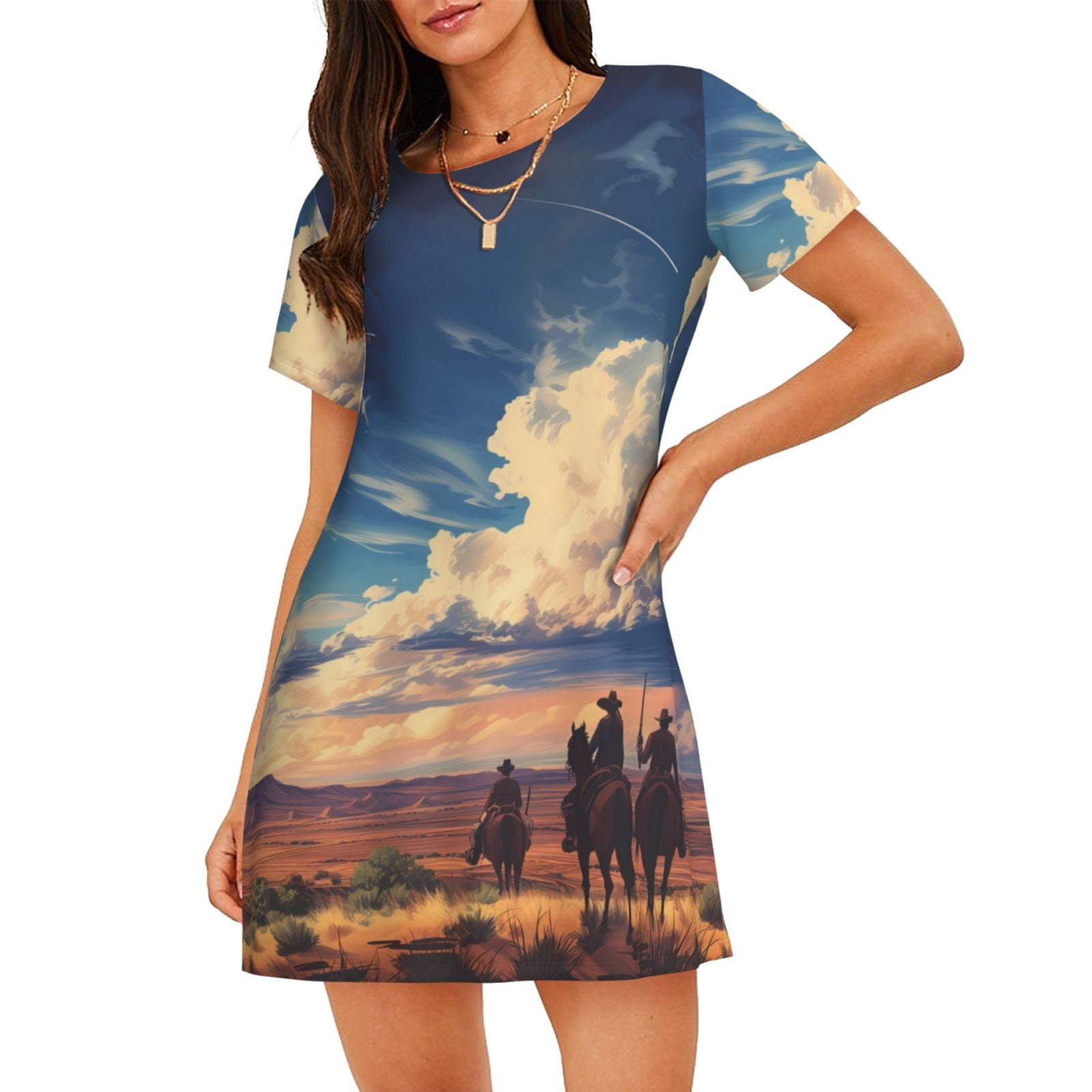 Adobk Western Desert Cloud Cowboy Print Womens Short Sleeve Sleepshirt ...