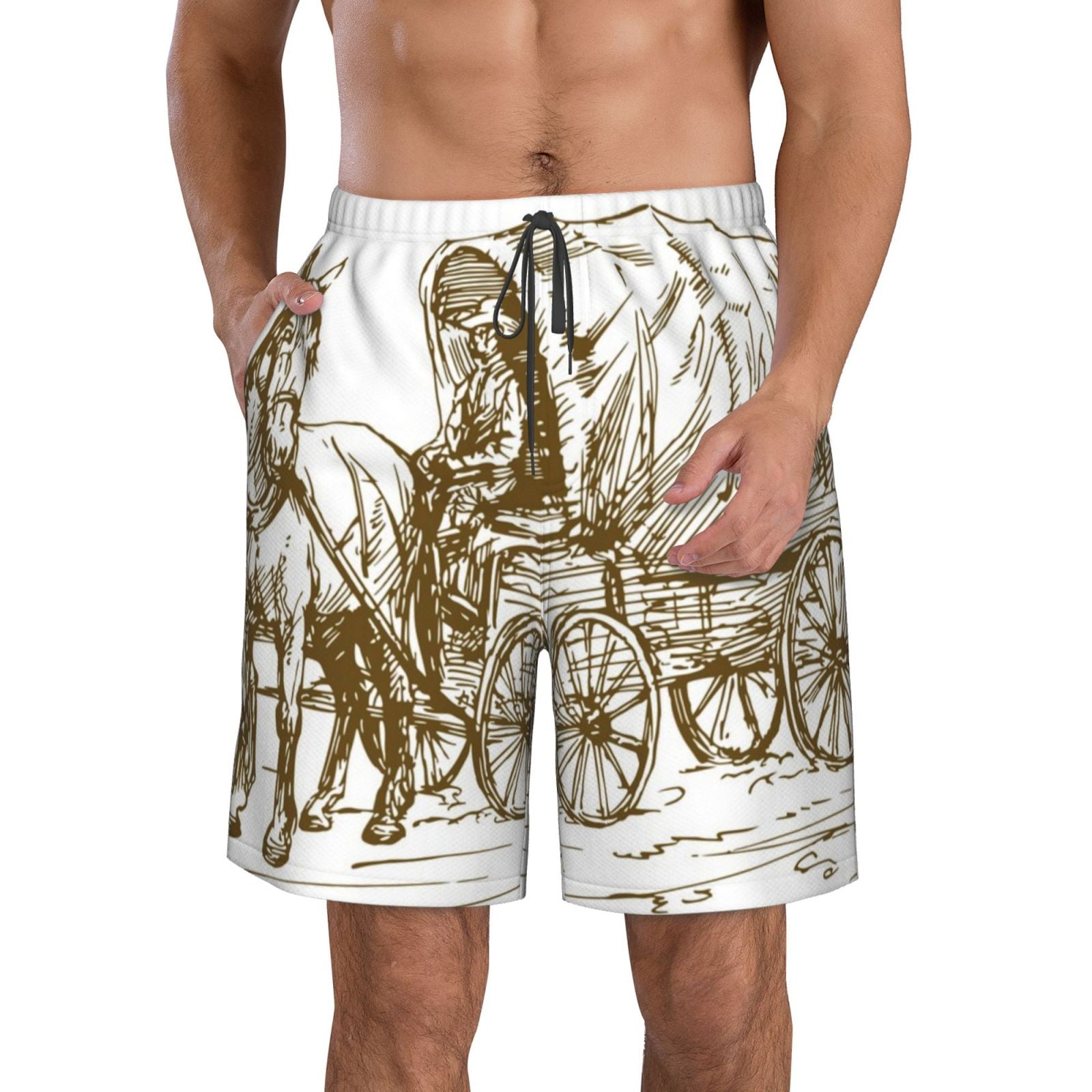 Adobk Western Scenery With Old Wagon Print Men's Swim Trunks Hawaiian ...