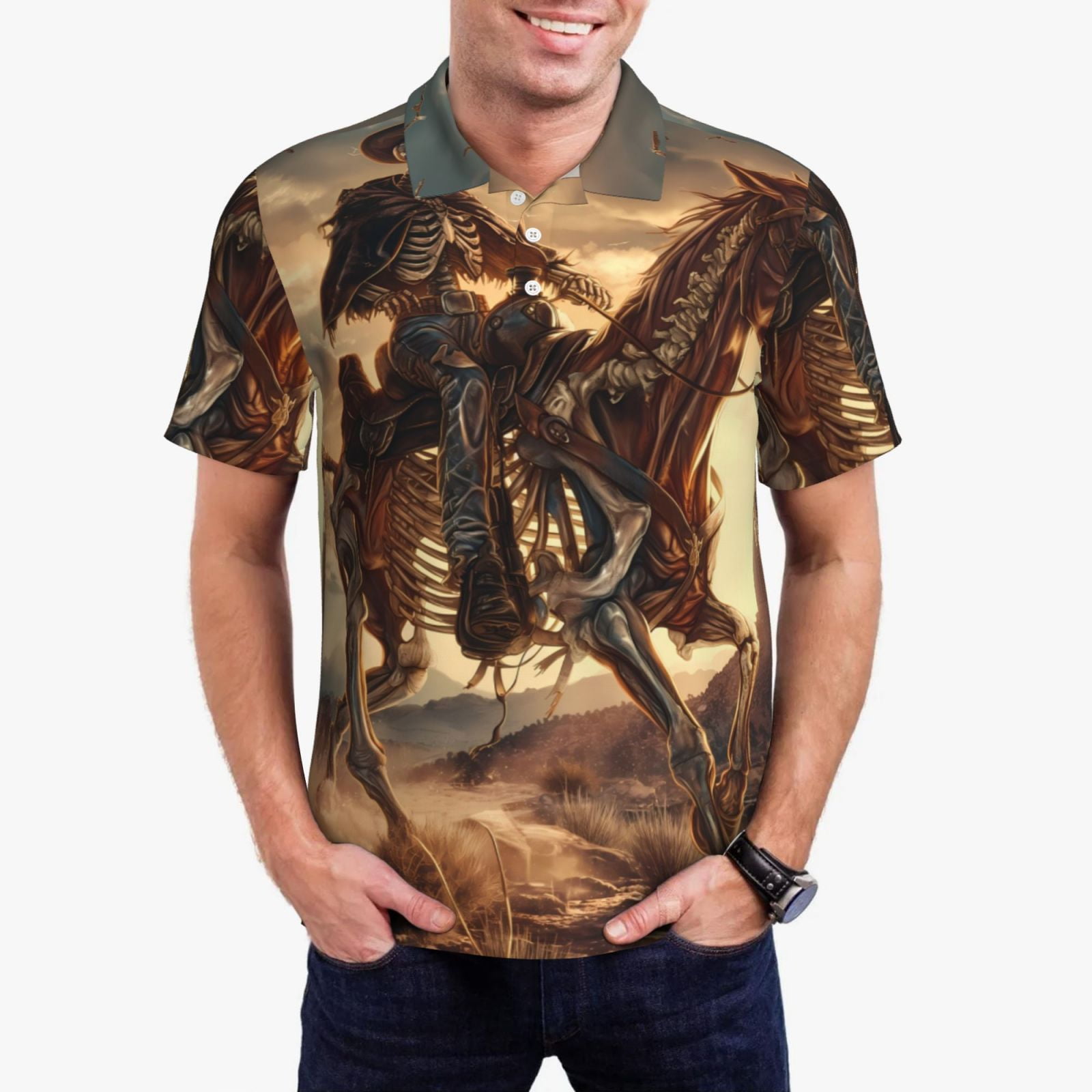 Adobk Western Skeleton Cowboy Horse Print Men’s Classic Polo Shirt ...