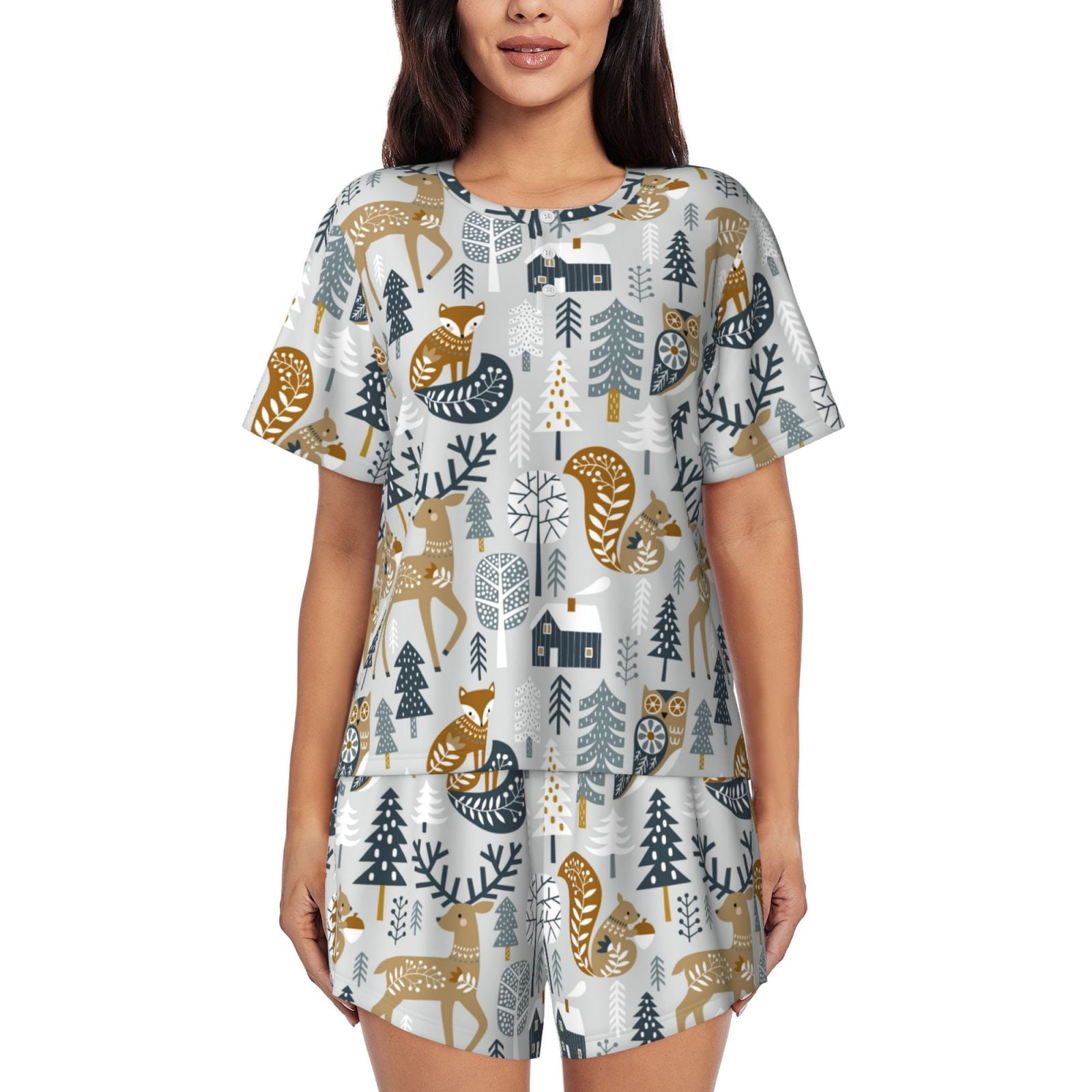 Adobk Winter Forest Animals Print Women Pajamas Sets for Short-Sleeved ...