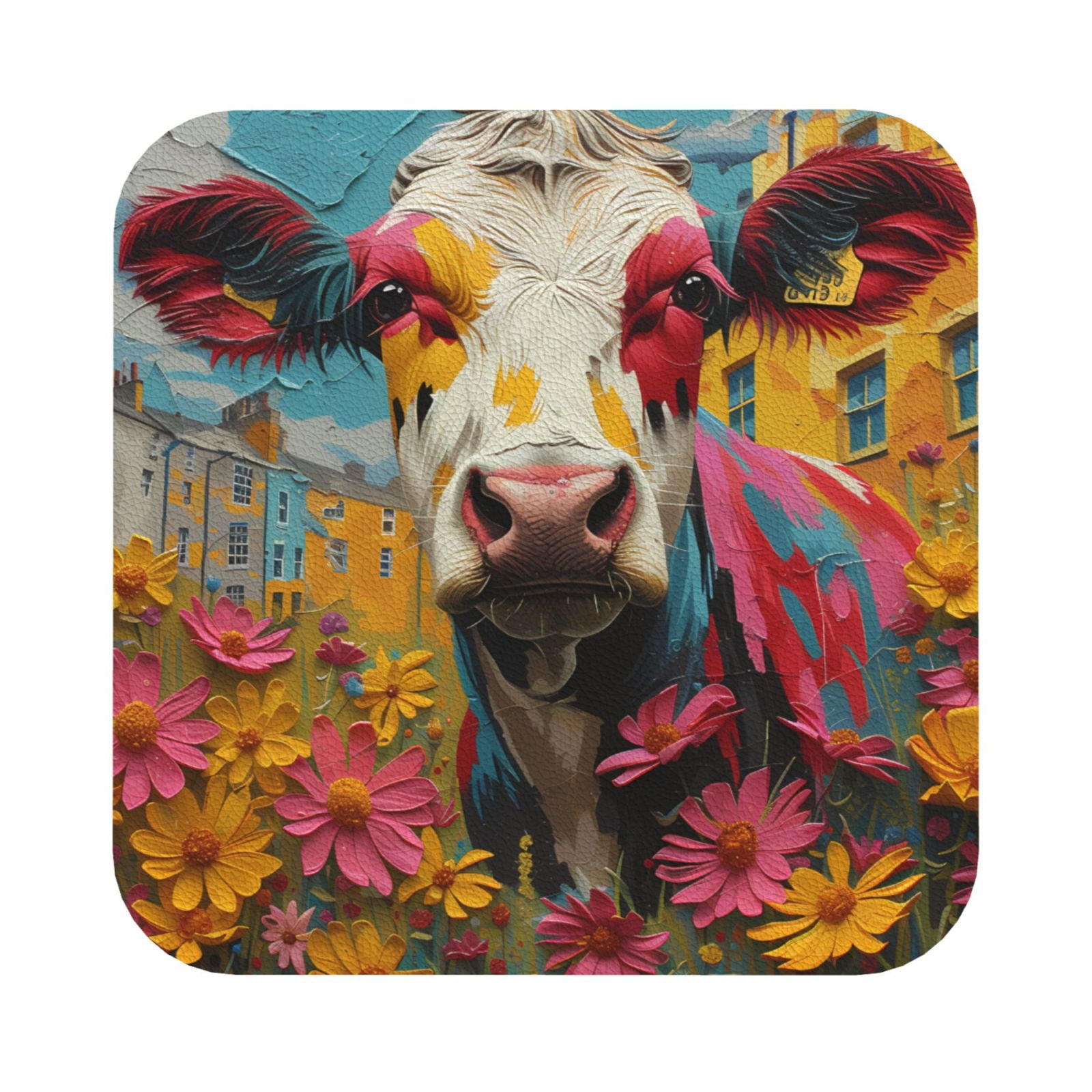 Adobk Yellow Daisy Cow Print Leather Coasters for Drinks(6 Pack ...