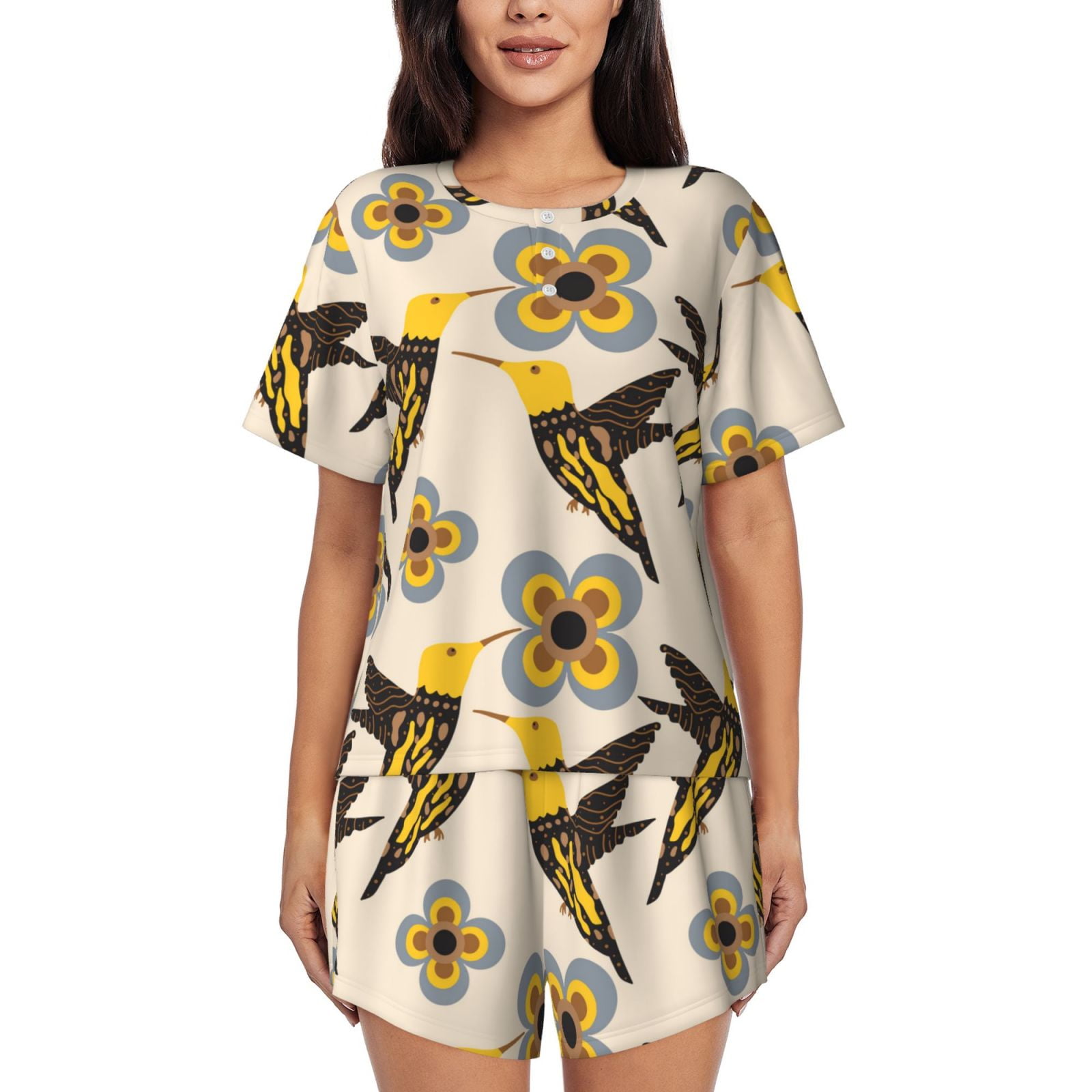 Adobk Yellow Flowers Hummingbird Print Women Pajamas Sets for Short ...