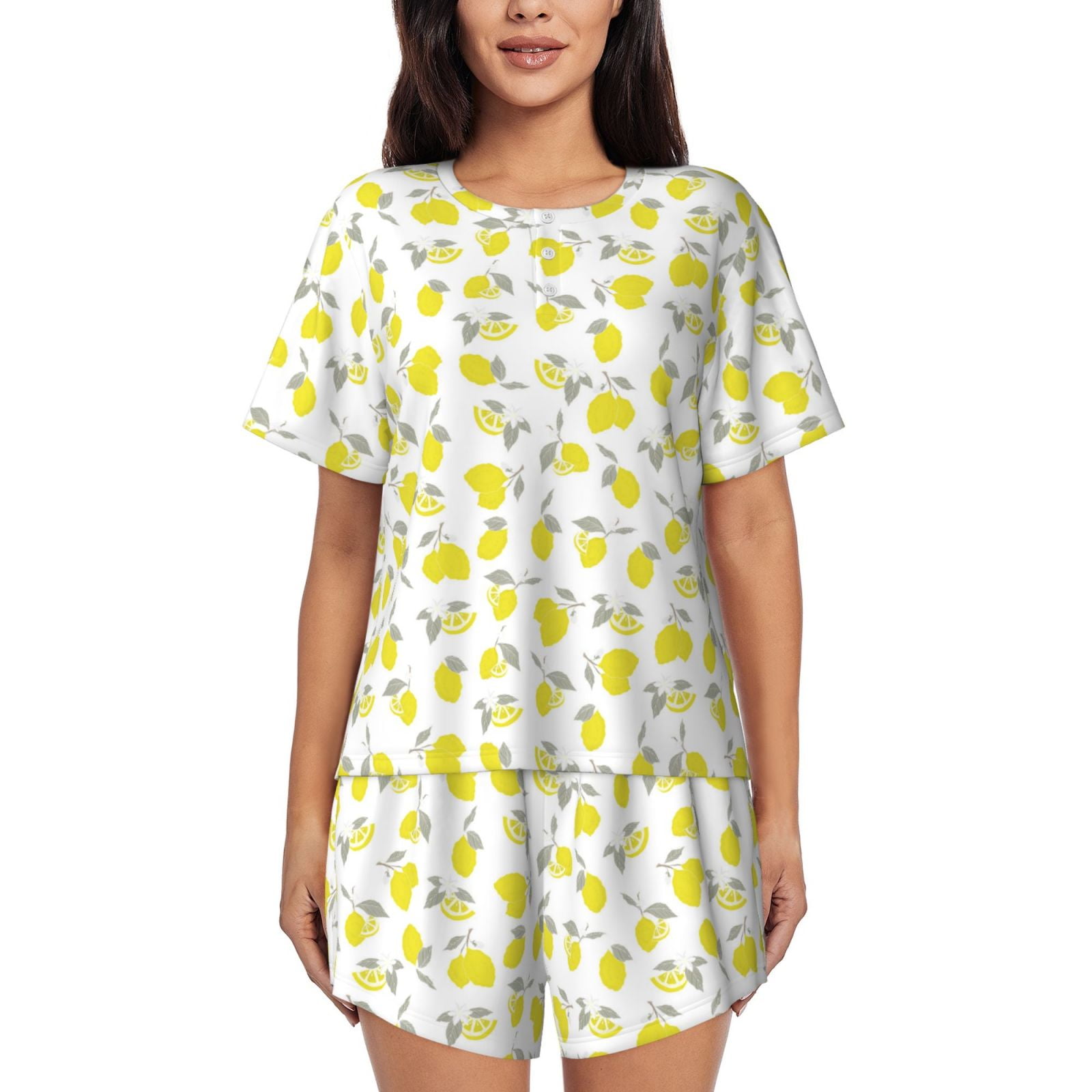 Adobk Yellow Lemon Leaves Print Women Pajamas Sets for Short-Sleeved，Shorts Comfy Pjs Casual ...
