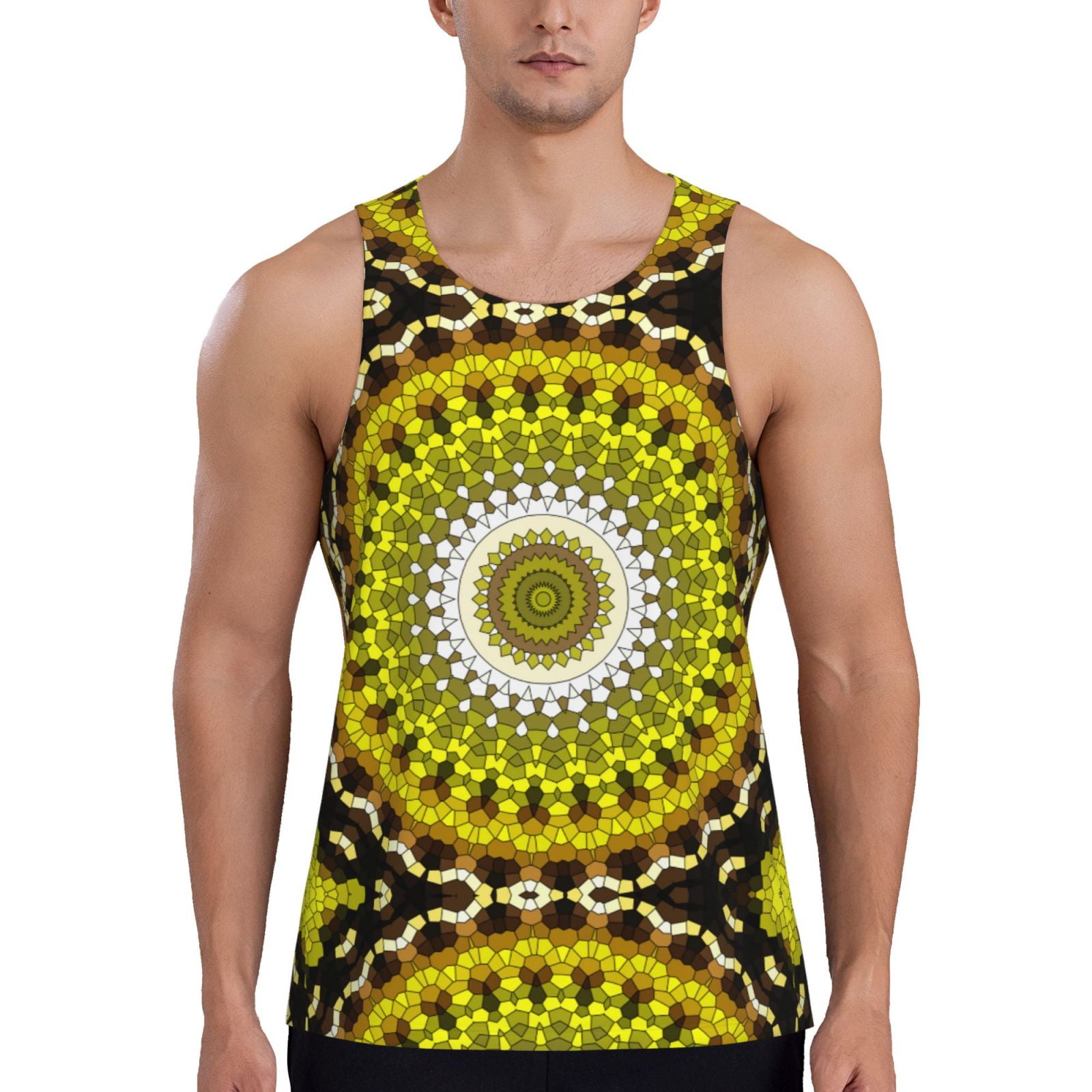 Adobk Yellow Mandala Print Men's Workout Tank Tops Sleeveless Mesh ...