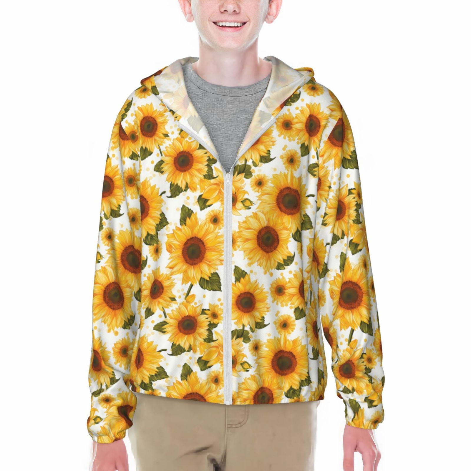 Adobk Yellow Polka Dot Sunflower Print Rash Guard Long Sleeve UPF 50 ...