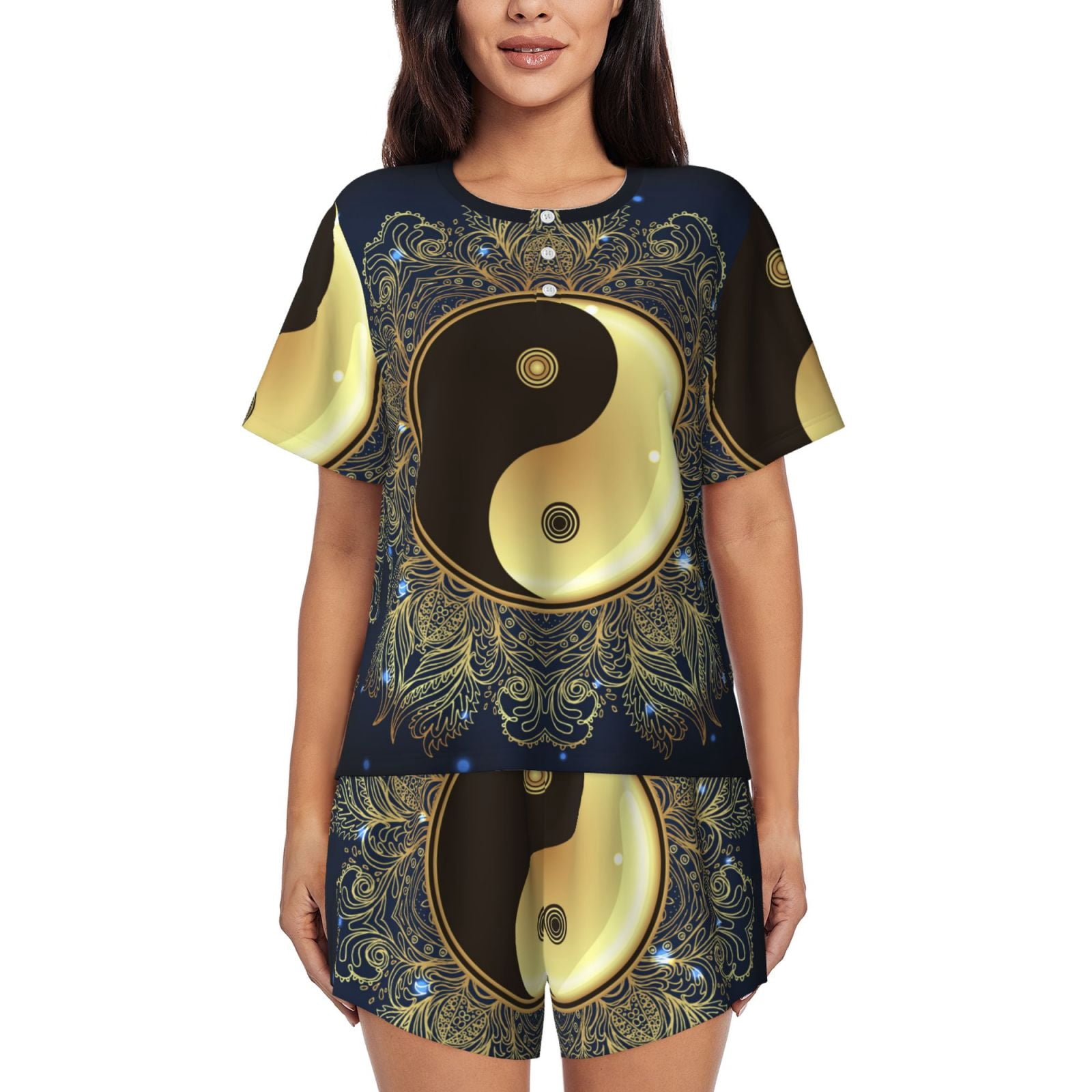 Adobk Yin And Yang Mandala Print Women Pajamas Sets for Short-Sleeved ...