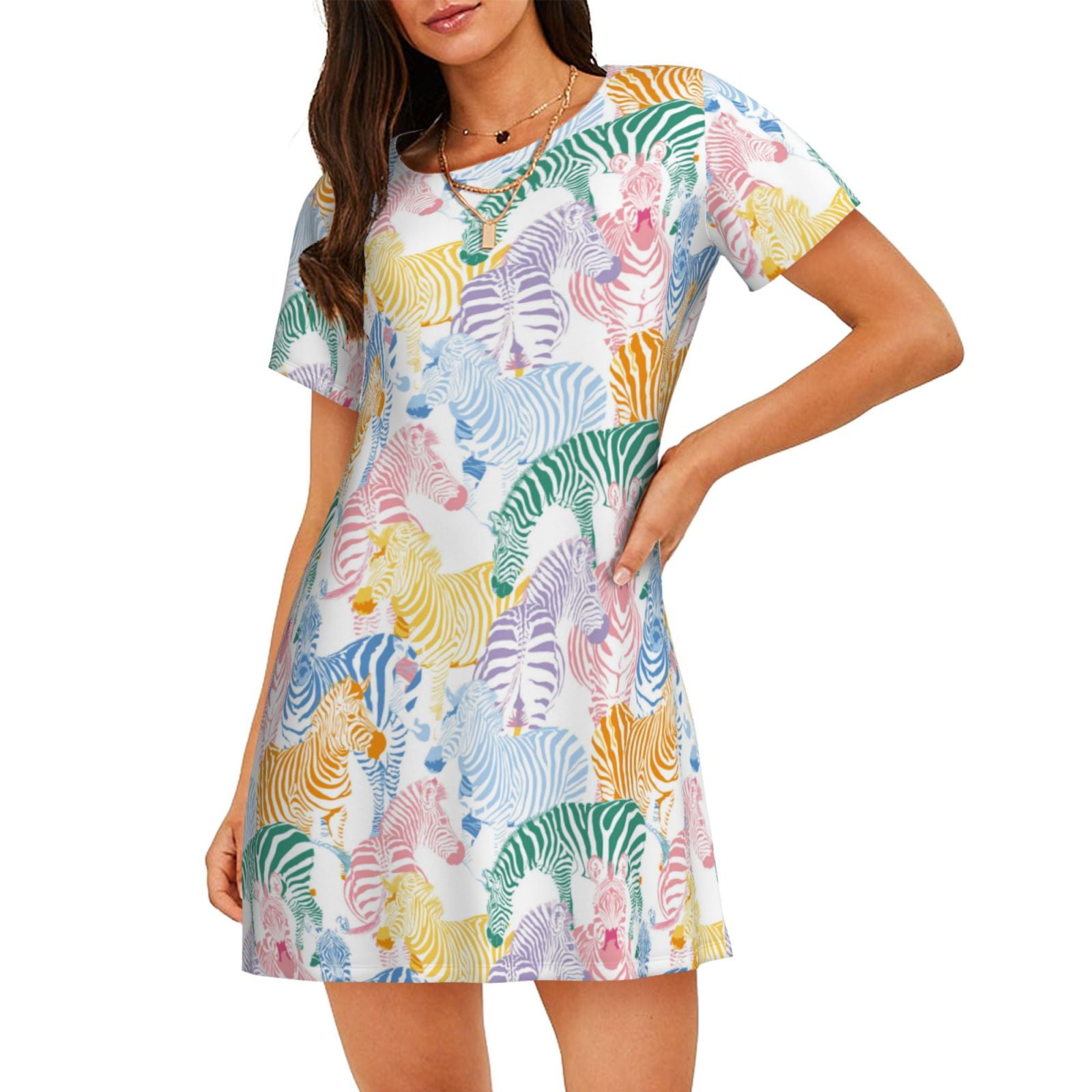 Adobk Zebra Colourful Print Womens Short Sleeve Sleepshirt Scoopneck ...