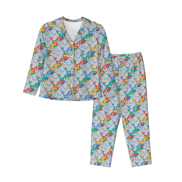 Adobk Cartoon Elephant Print Pajamas Set Long Sleeve Sleepwear Womens