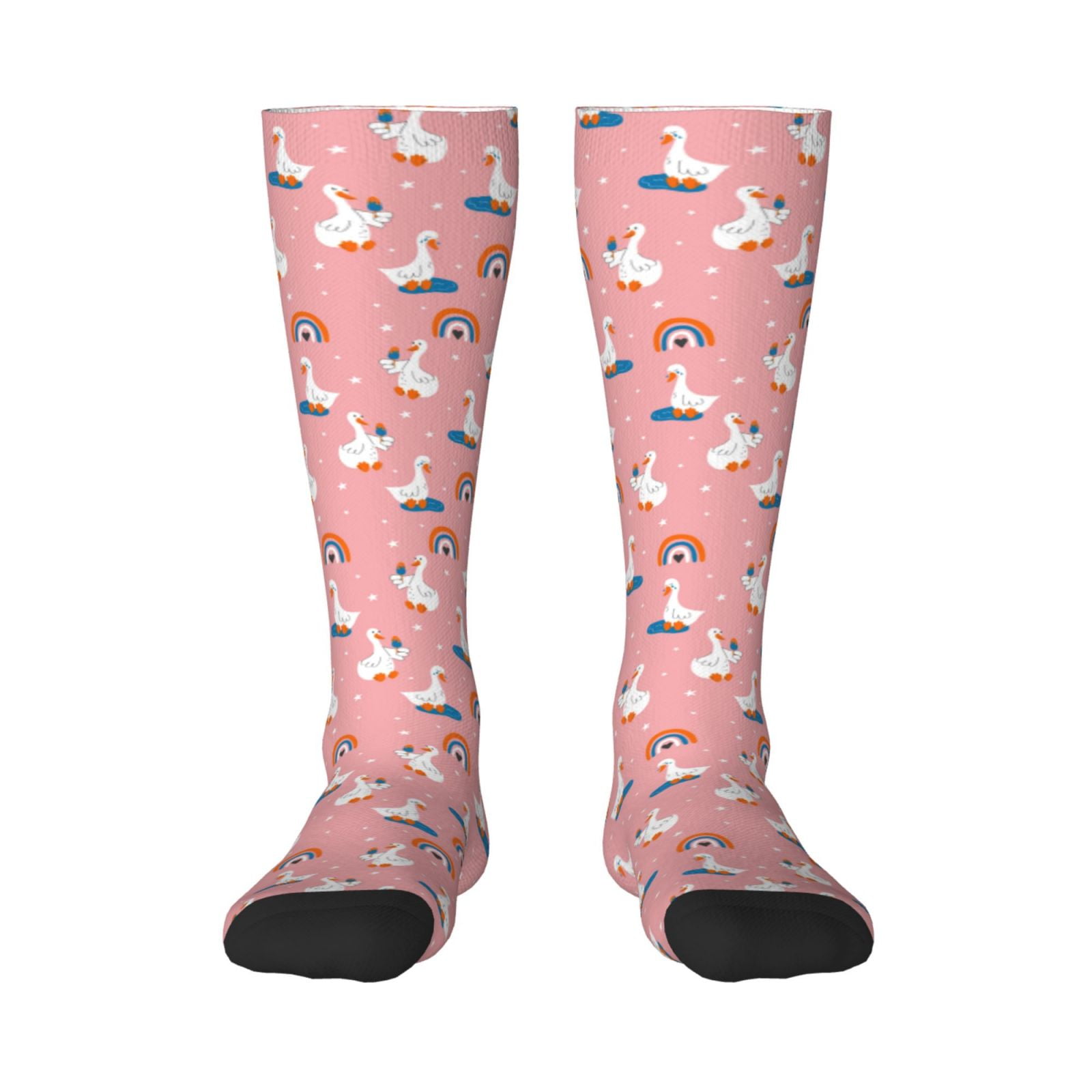 Adobk cartoon goose rainbow Print Knee High Socks Athletic Tube Socks ...