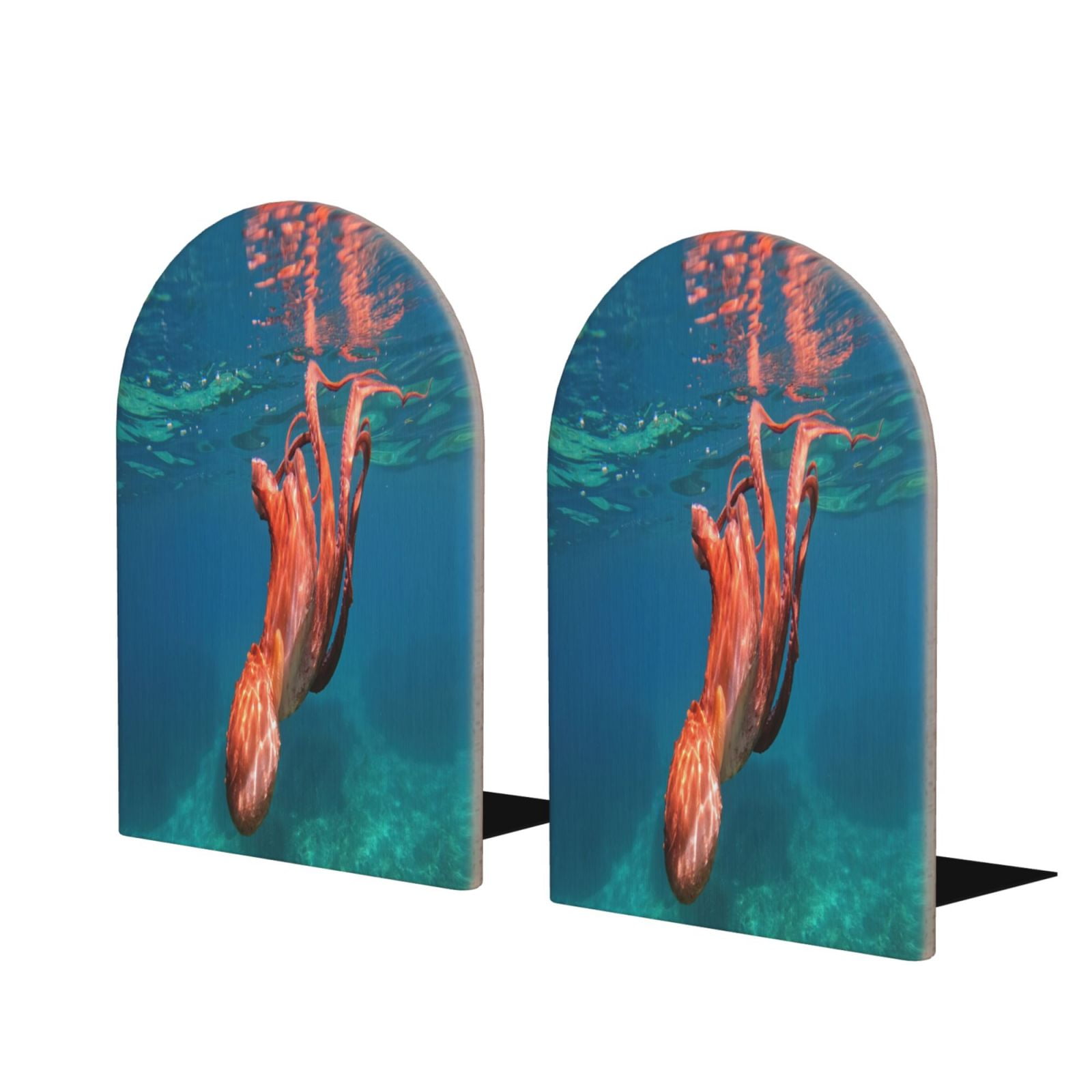 Adobk octopus swimming Print Wooden Bookends with Metal Base,on-Skid ...
