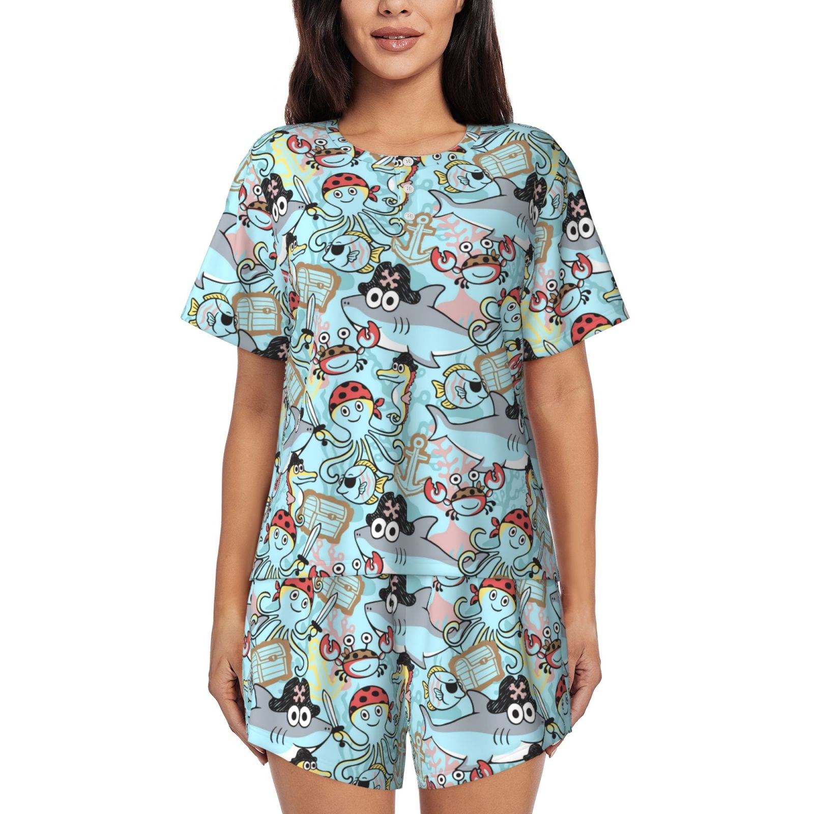 Adobk pirate with funny animals Print Women Pajamas Sets for Short ...