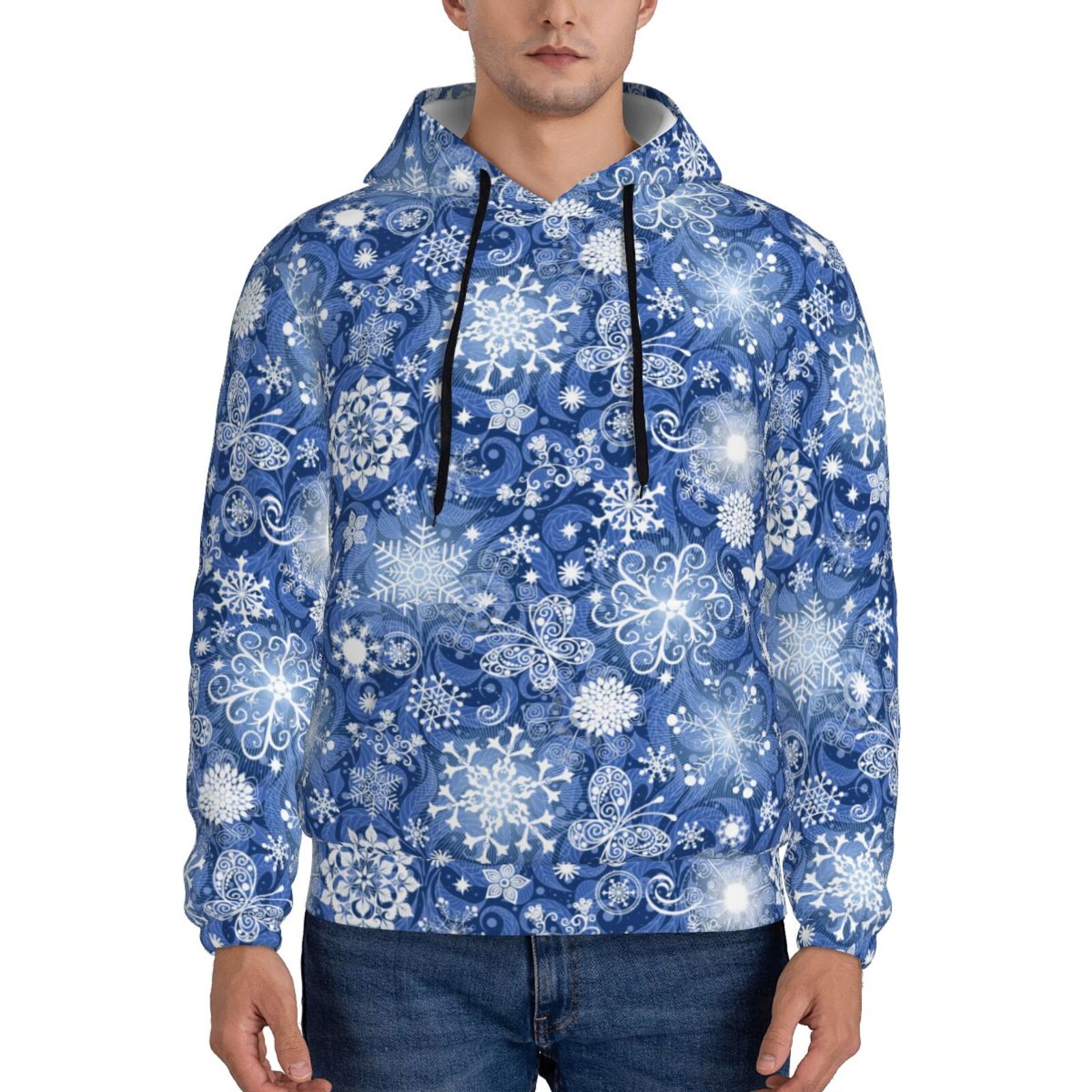 Adobk whiet Snowflake blue background Print Men's Pullover Hoodie ...