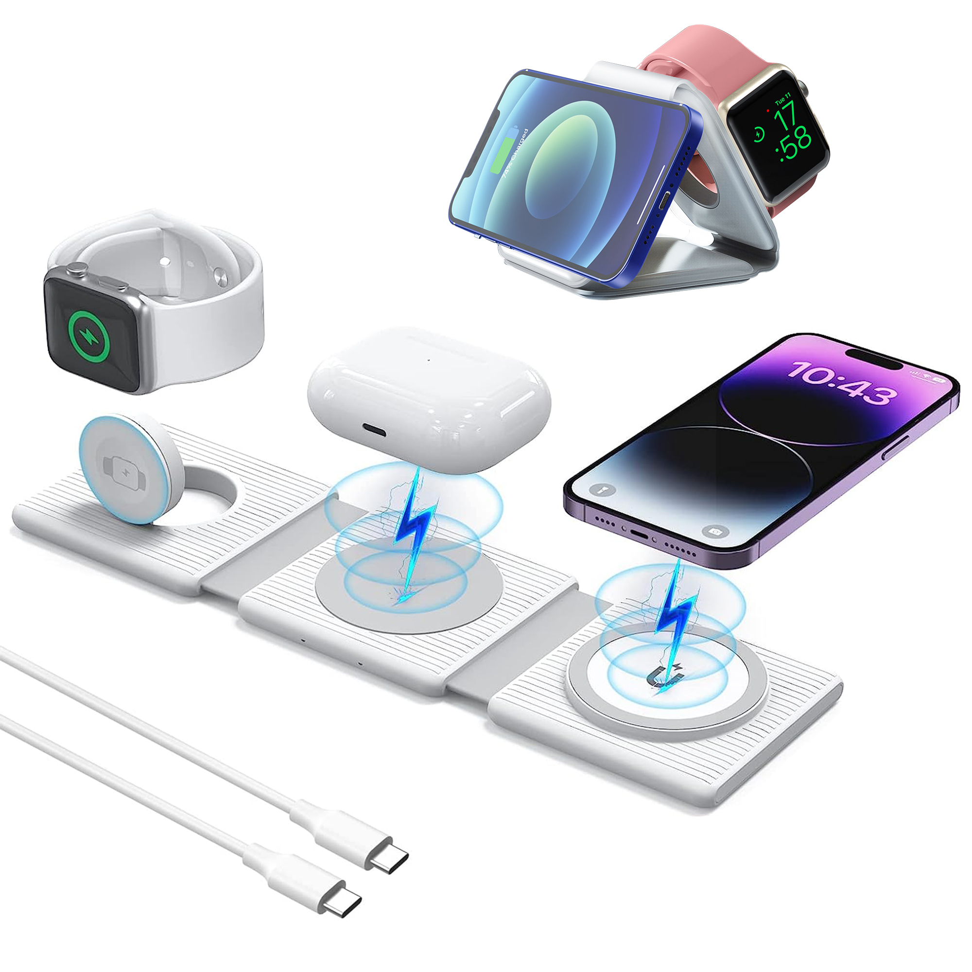Adofi 3 in 1 Wireless Charger, Foldable Charging Station, Magnetic Fast ...