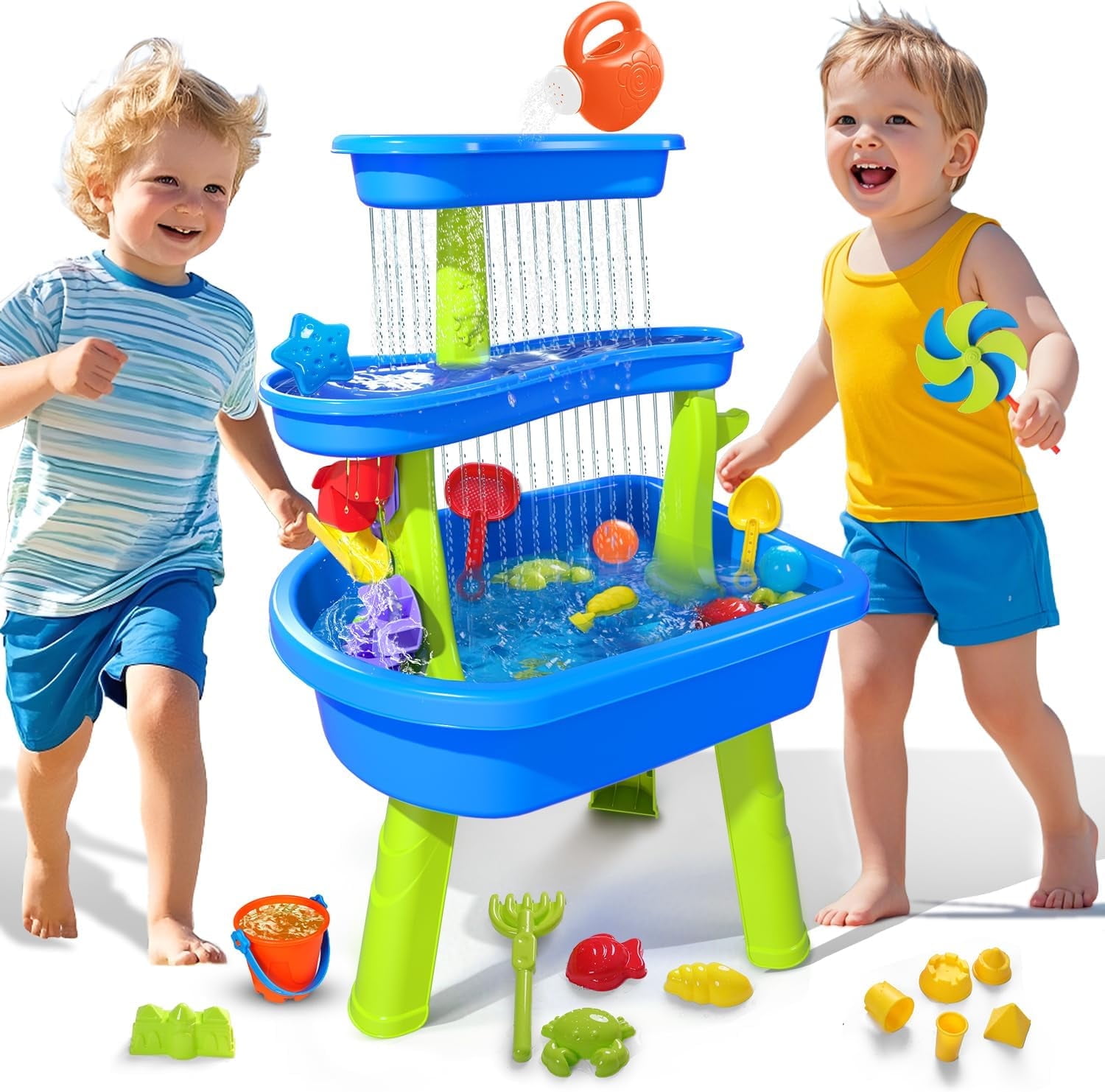 Adofi 3-Tier Sand Water Table for Toddlers, 36-Piece Kids Water Table ...
