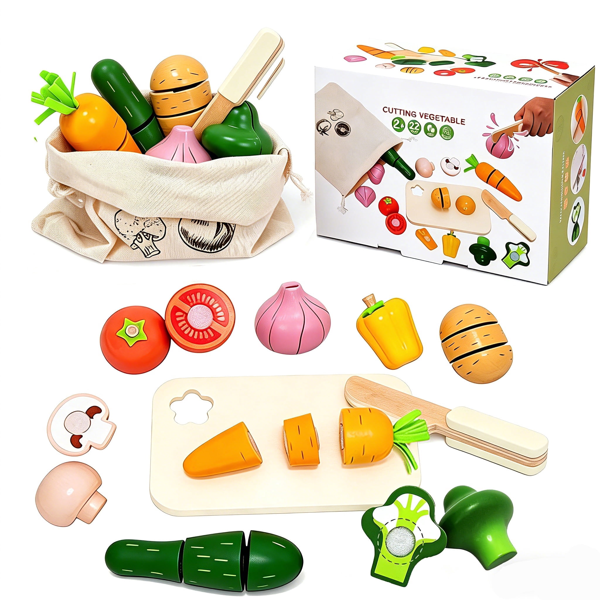 Adofi 11PCS Wooden Play Food Set for Kids, Pretend Food Play Kitchen ...