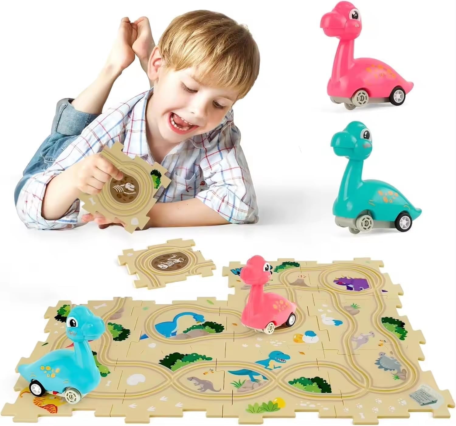 Adofi Dinosaur Floor Puzzle Car Track Set, 12 Puzzles & 2 Dino Cars ...