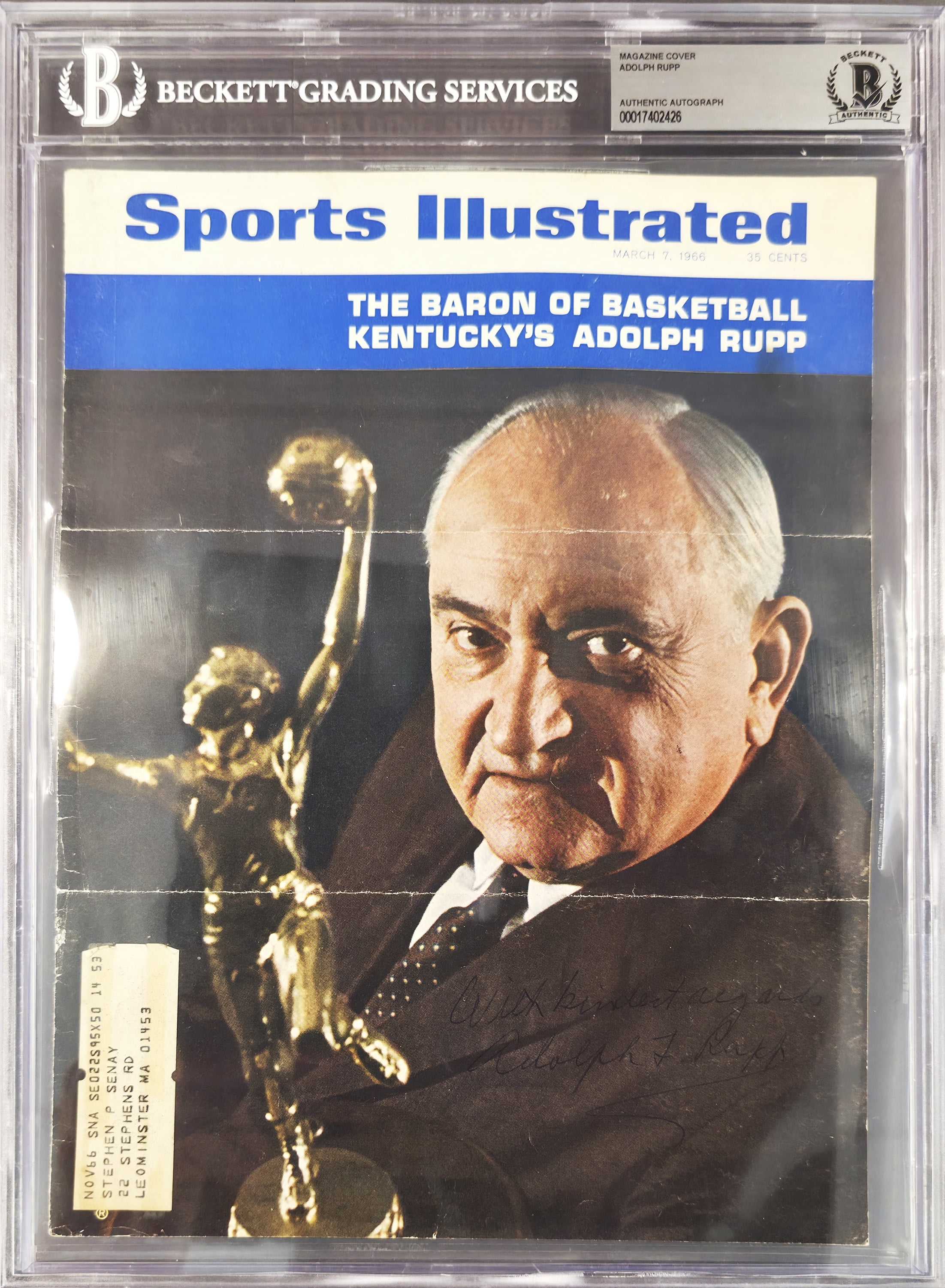 Adolph Rupp Autographed Sports Illustrated Cover Kentucky "With Kindest ...