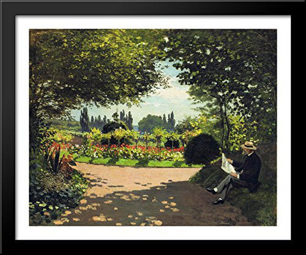 Adolphe Monet Reading in the Garden 34x28 Large Black Wood Framed Print ...