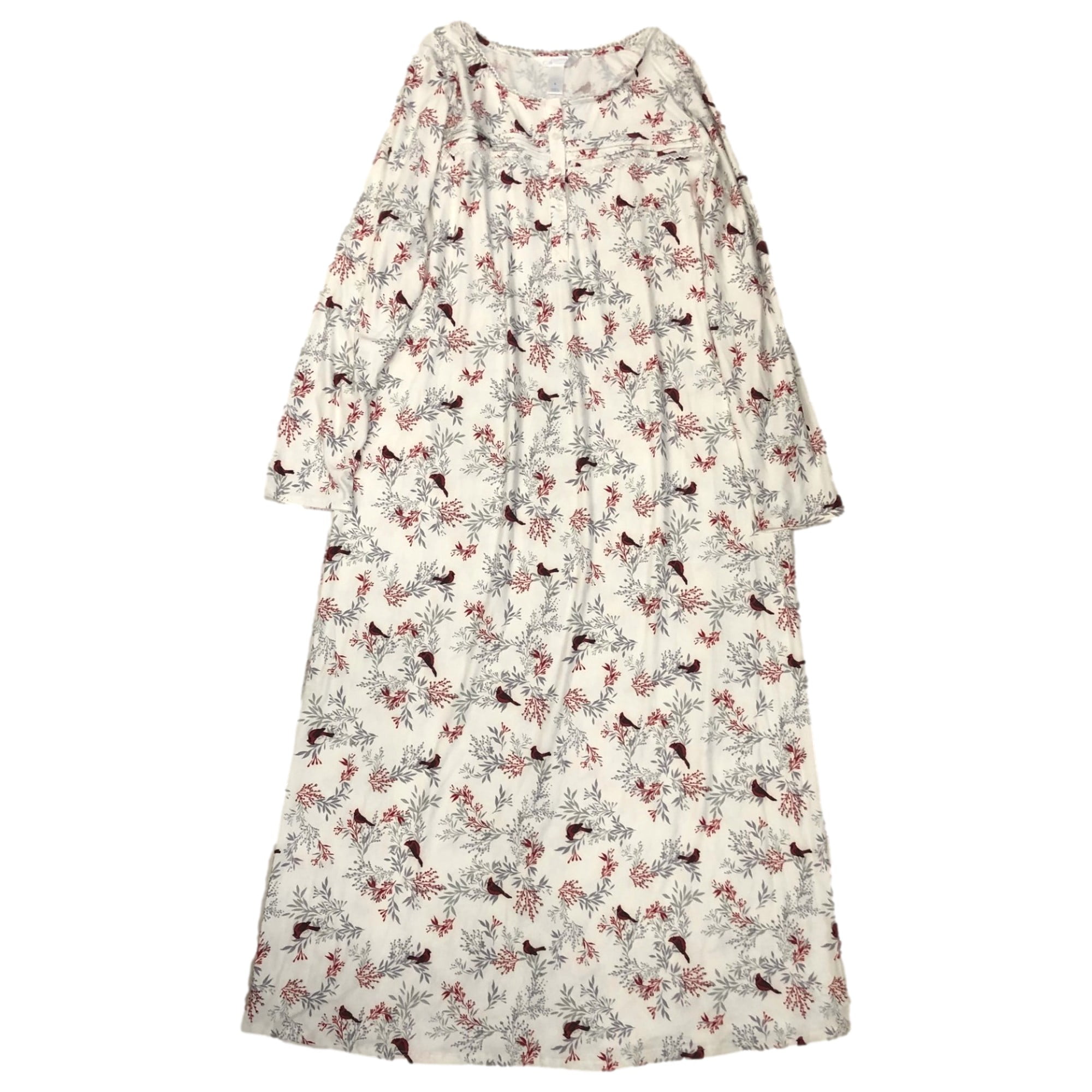 Adonna Womens White Red Cardinal Print Long Sleeve Nightgown Night Gown ...