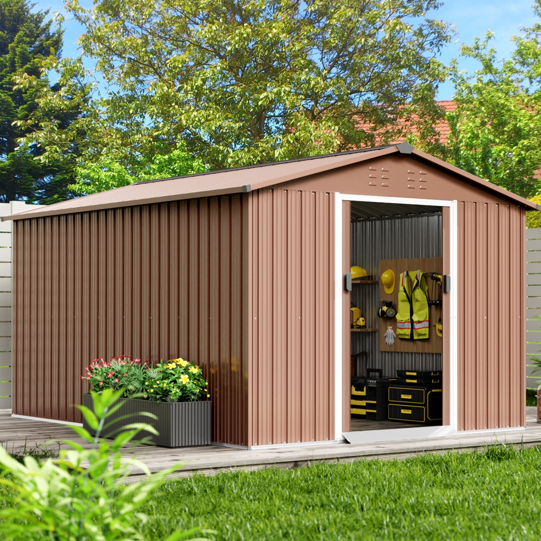 Adoolla 8'x15' Outdoor Storage Shed, Metal Tool Shed with Lockable ...