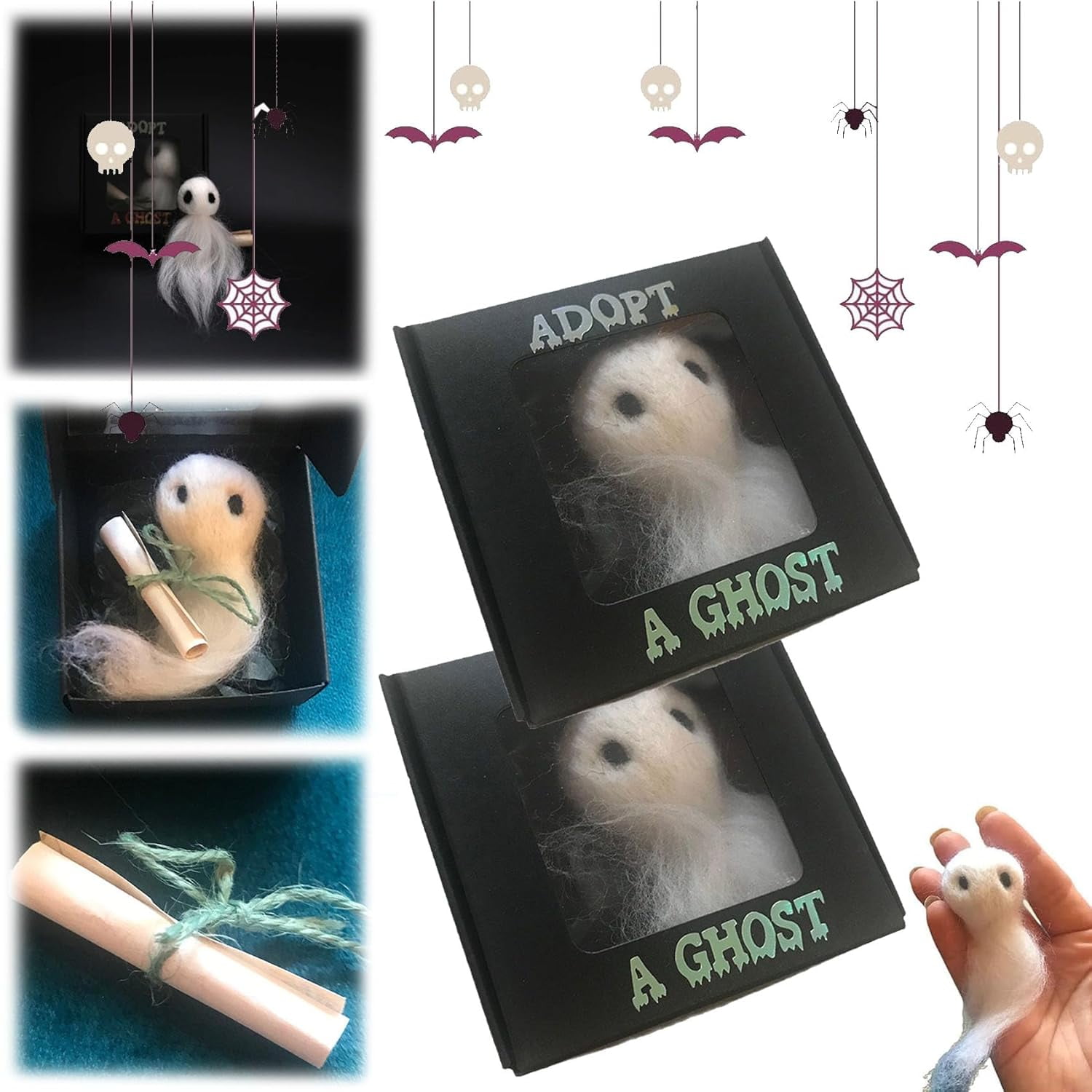 Adopt A Ghost Decorations, White Wool Feltes Ghostes and Tiny Scroll ...