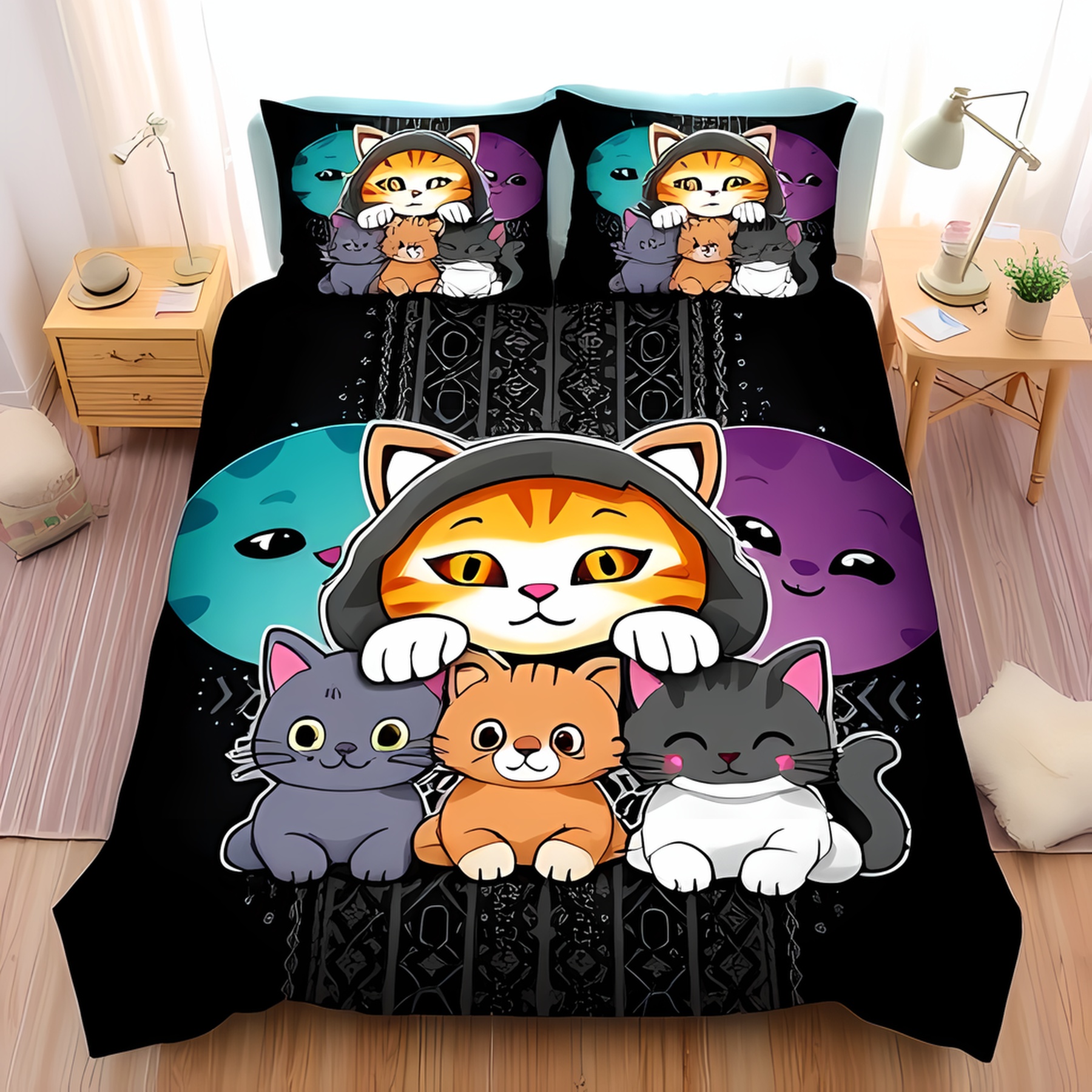 Adorable 3-Piece Cartoon Cat Duvet Cover & Pillowcase Set - Fun Design ...