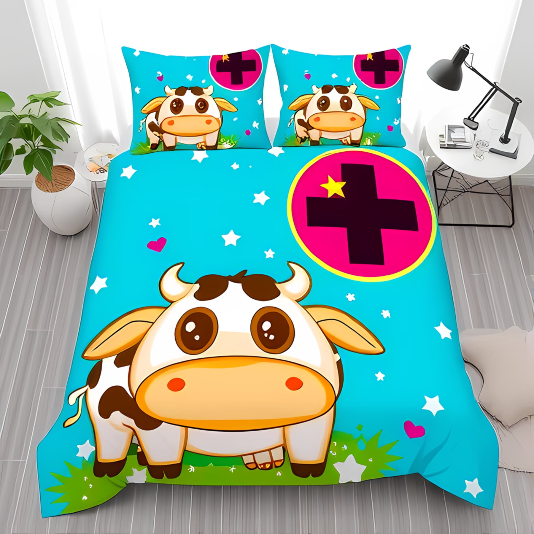 Adorable 3-Piece Cartoon Cow Duvet Cover Set with Pink Plus Symbol ...