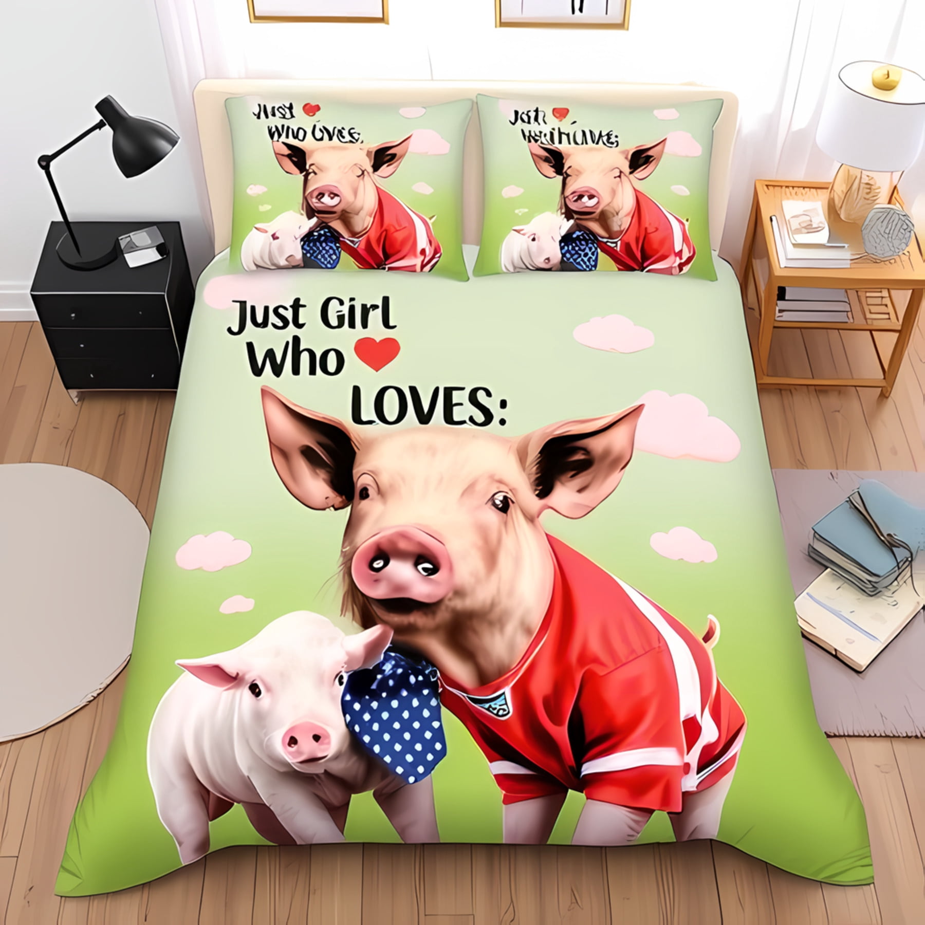Adorable 3-Piece Duvet Cover Set with Cartoon Pig & in Sporty Fun Green ...