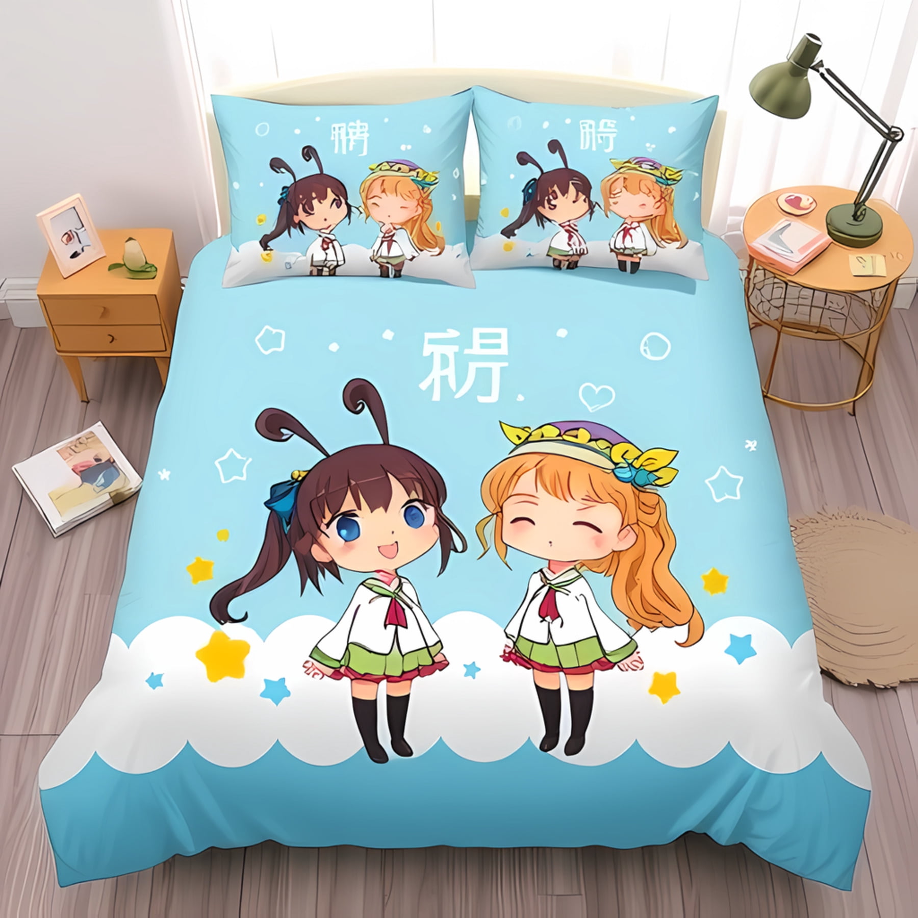 Adorable 3-Piece Light Blue Anime Duvet Cover Set with Cute School ...