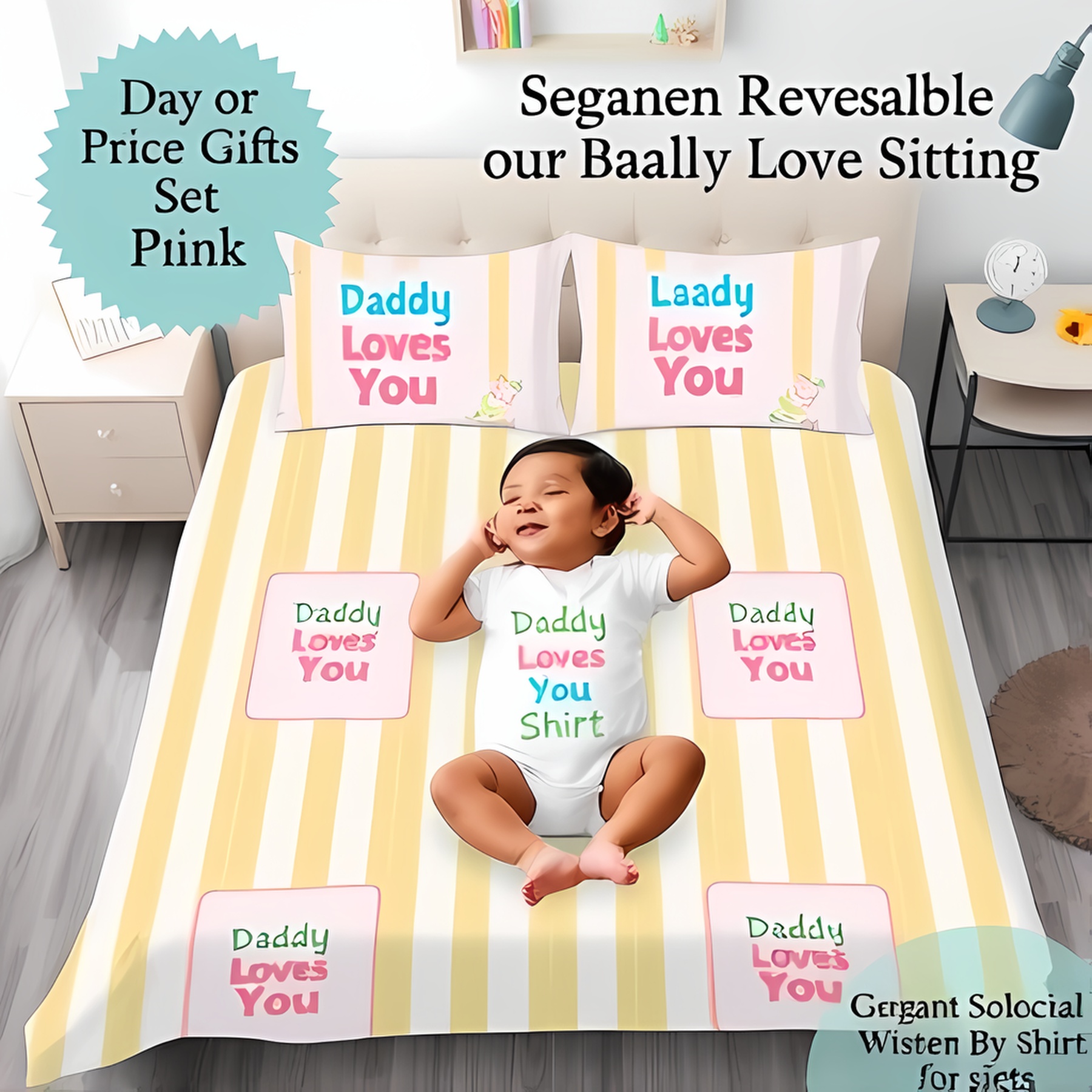 Adorable 3-Piece Pastel Yellow & Pink Bedding Set - "Daddy Loves You ...