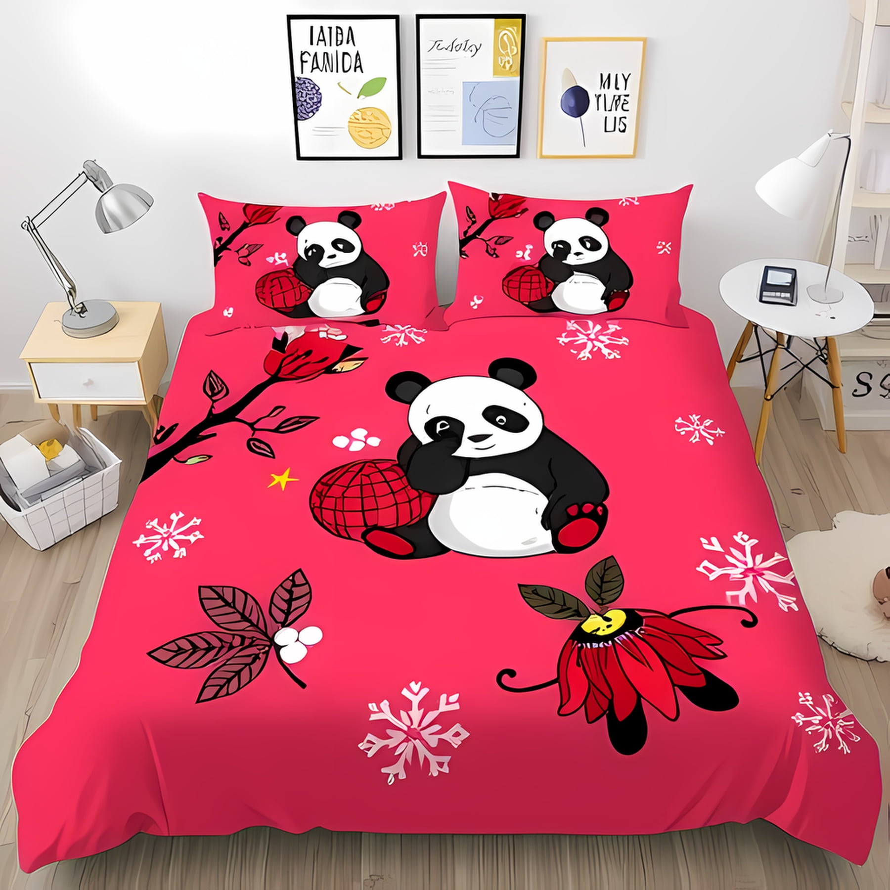 Adorable 3-Piece Pink Panda Bedding Set with Duvet Cover & Matching ...