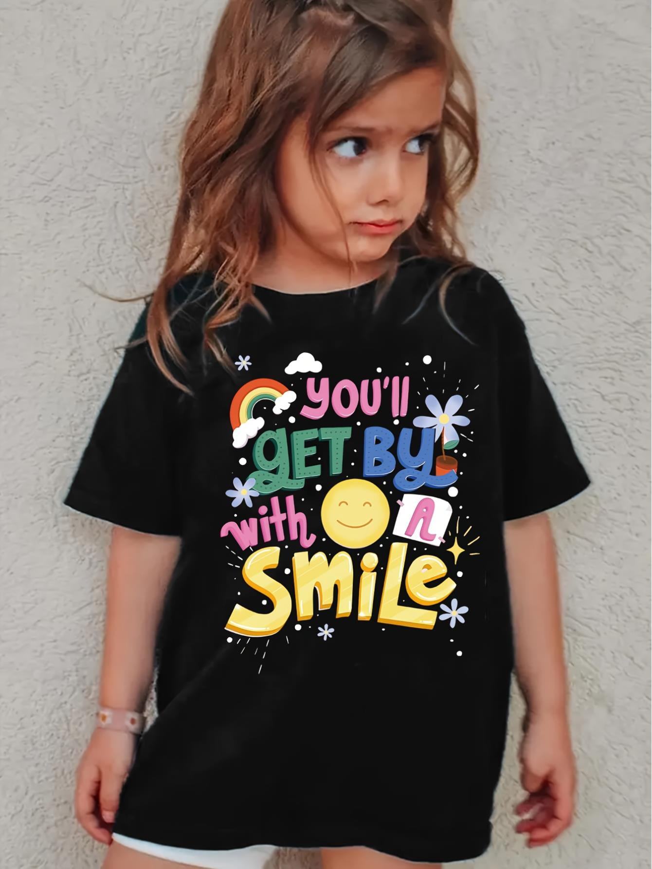 Adorable Alphabet & Cartoon Print Girls' T-Shirt - Soft Polyester, Crew ...