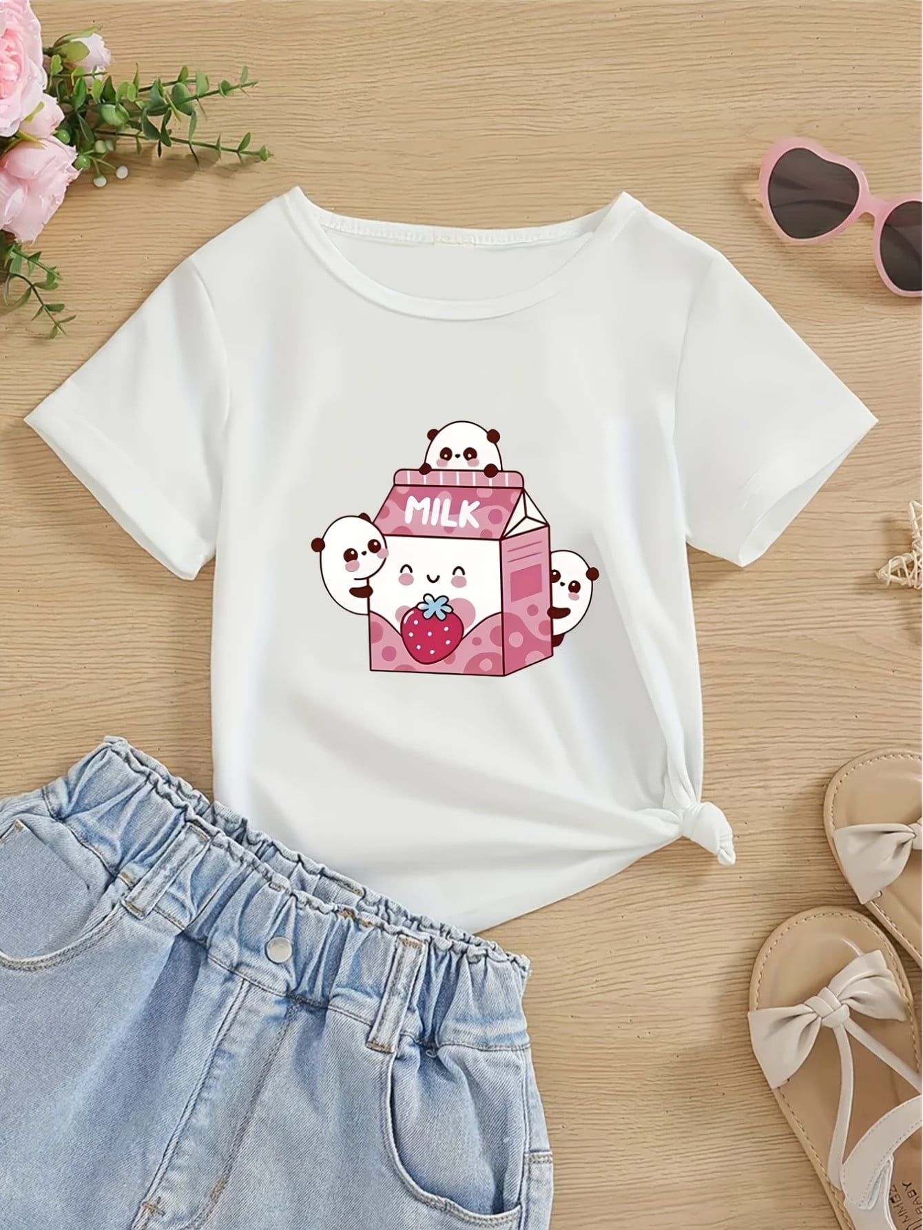 Adorable Animal & Strawberry Milk Print Girls' T-Shirt - Comfy ...