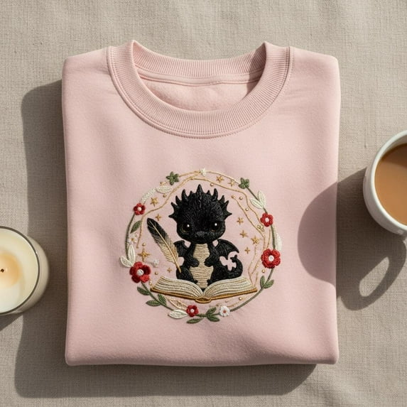 Adorable Baby Dragon Embroidered Sweatshirt, Floral Wreath, Bookish ...