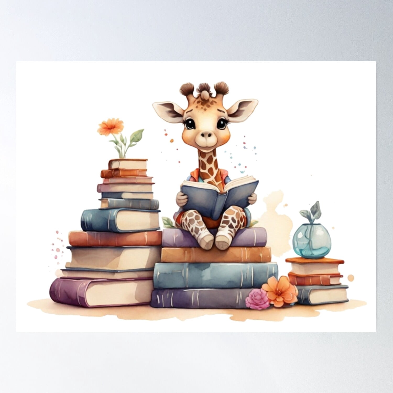 Adorable Baby Giraffe On A Stack Of Books Poster Wall Art, Modern Wall ...