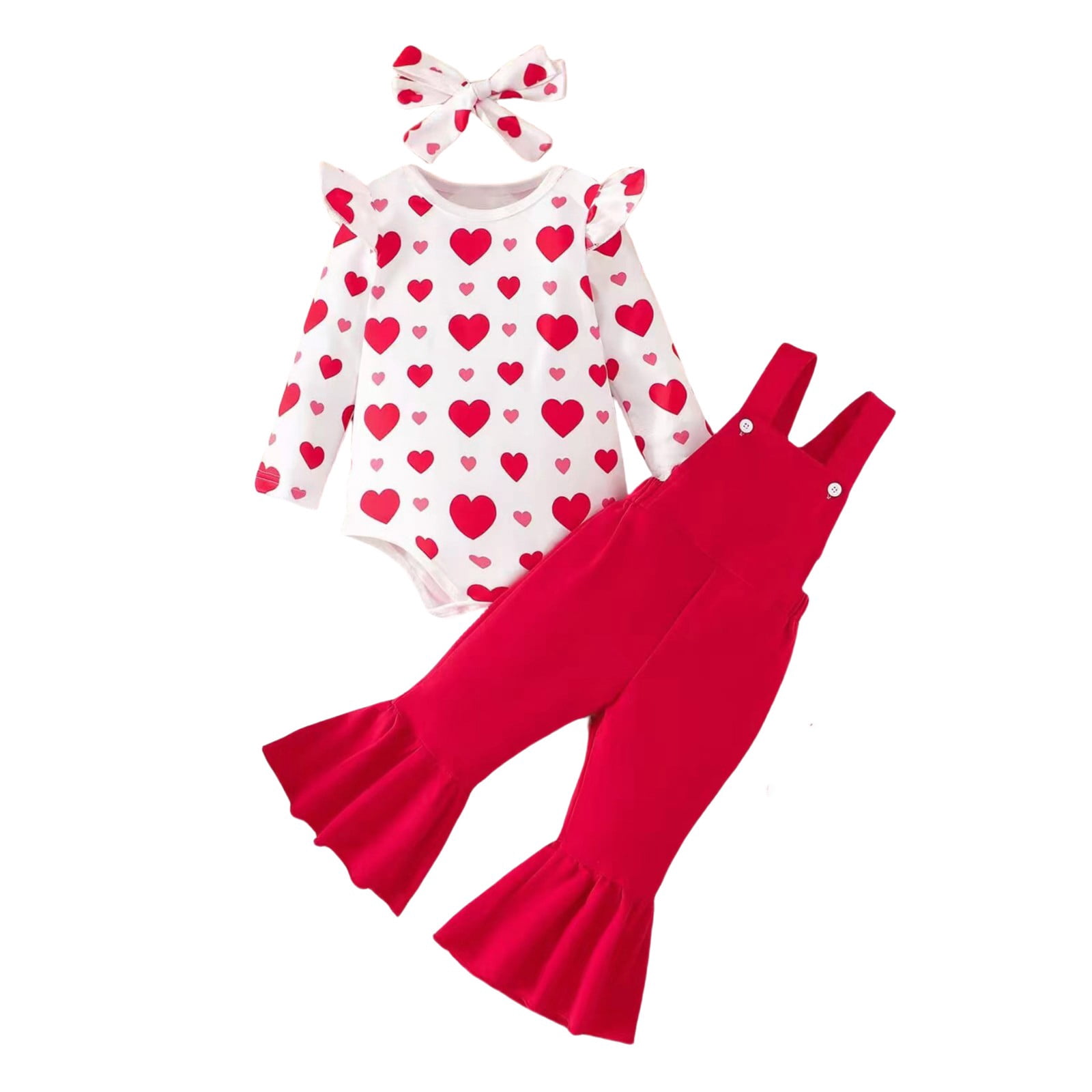 Adorable Baby Girl Heart Print Romper Set with Ruffle Overalls and ...