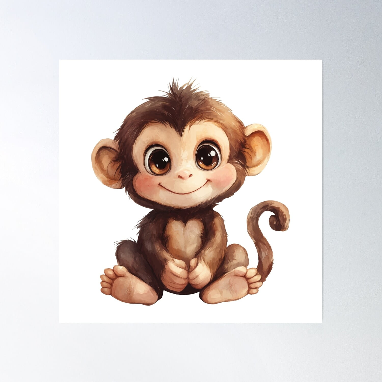Adorable Baby Monkey Art - Cute Jungle Animal Character With Big Eyes ...