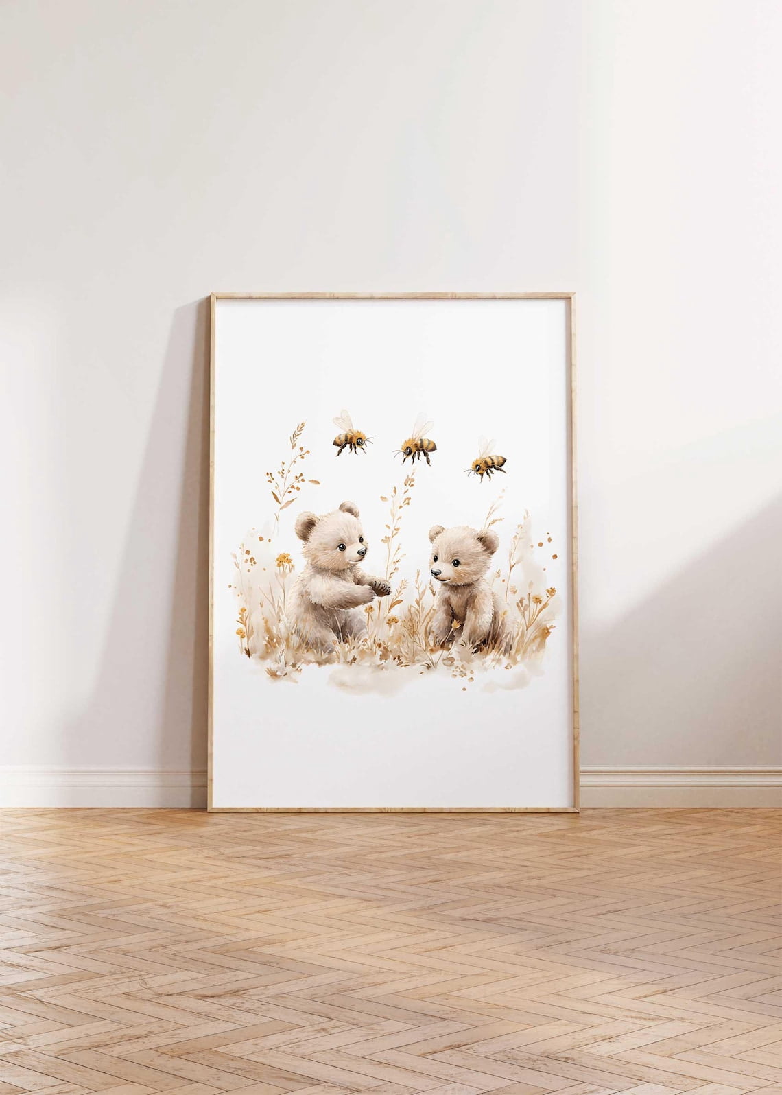Adorable Bear Cubs And Bees Wall Art, Woodland Nursery Decor, Cute ...