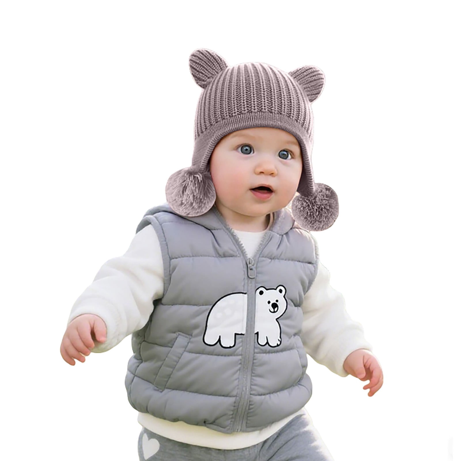Adorable Bear Ears Knit Hat With Double Pom Poms Kids Winter Warm ...