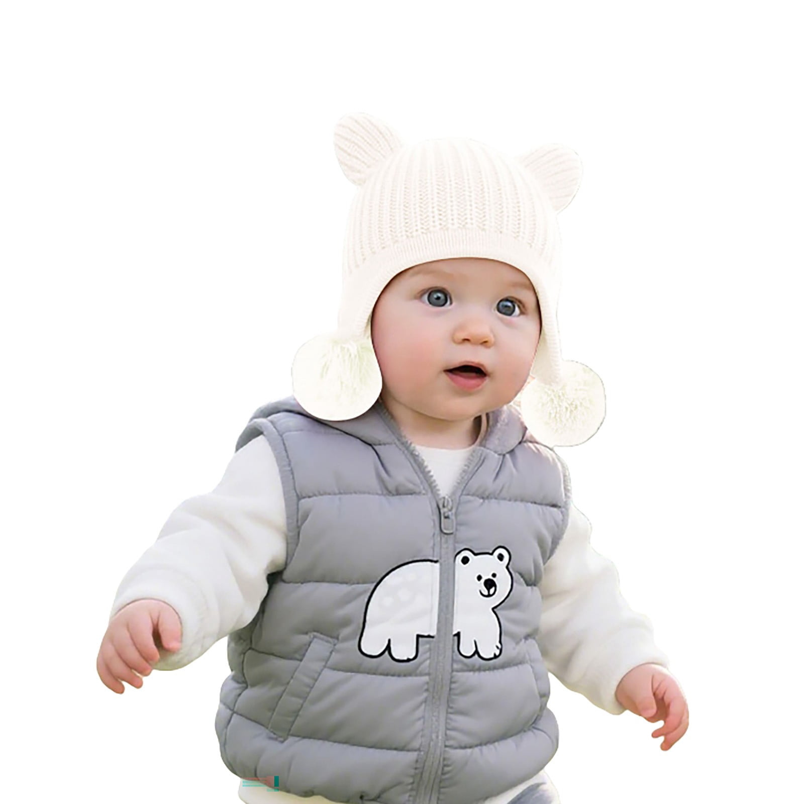 Adorable Bear Ears Knit Winter Hat With Double Pom Poms For Kids Soft ...