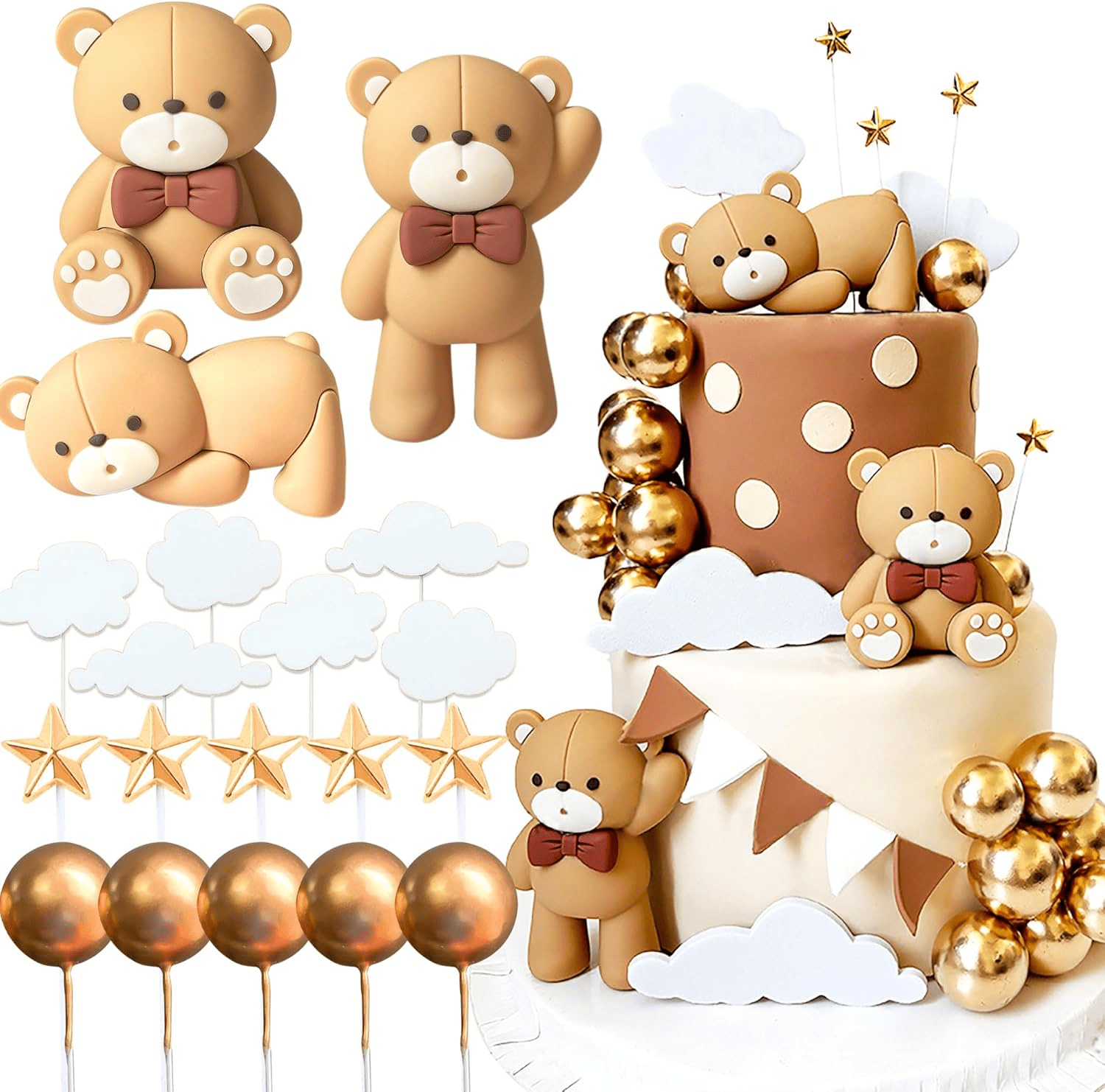Adorable Bear Theme Cake Decoration Set - 3D Figurines & Gold Accents ...