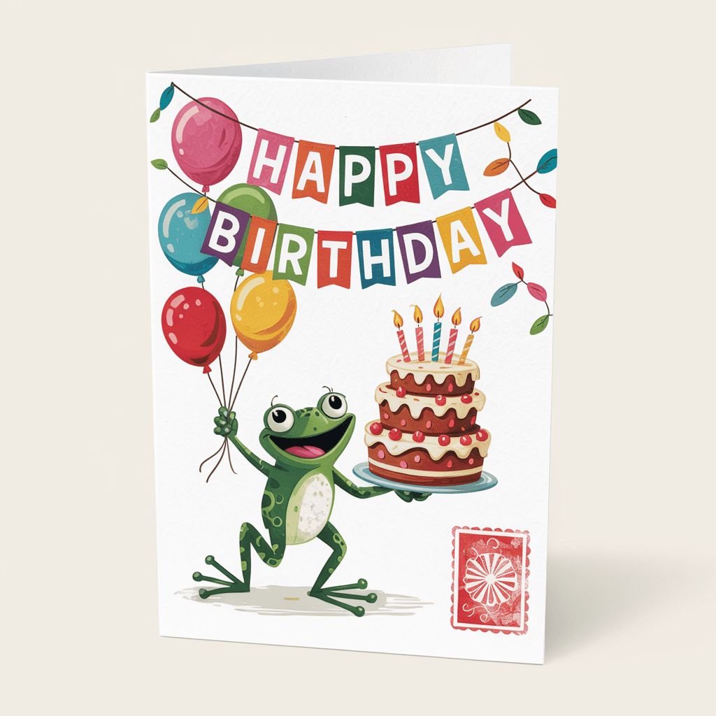 Adorable Birthday Frog Greeting Card with Balloons and Cake - Perfect ...