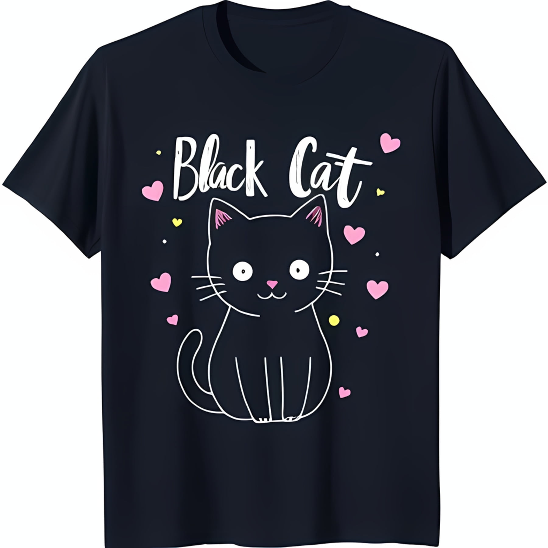Adorable Black Cat Graphic T-Shirt with Hearts & Circles Cute Design ...