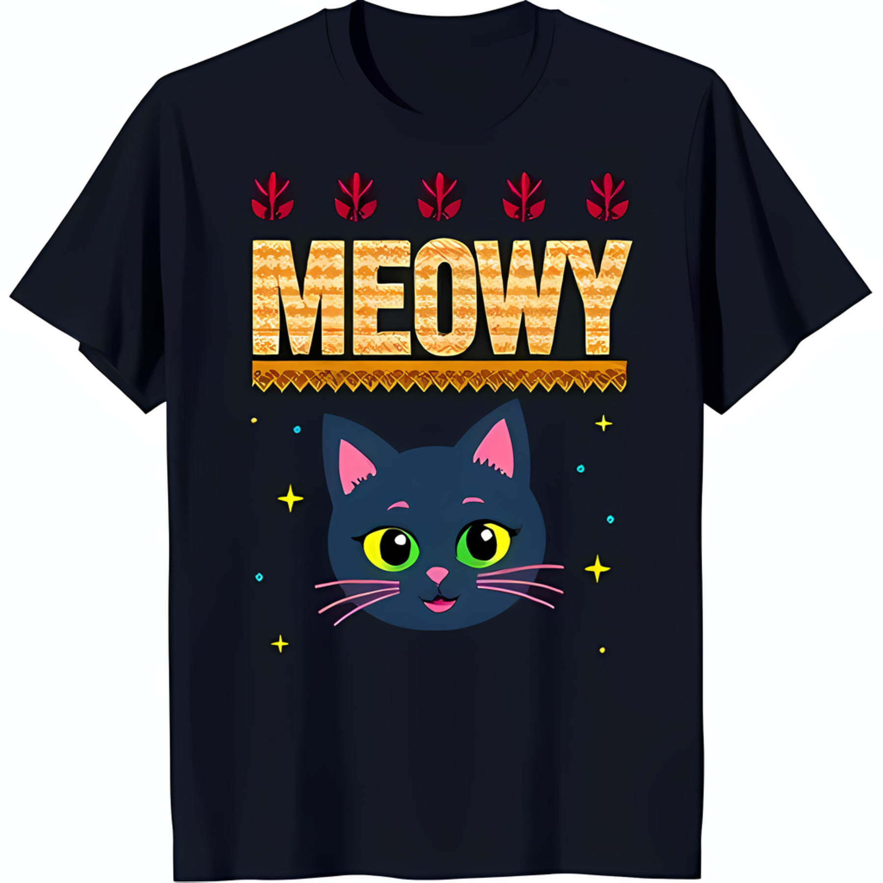 Adorable Black Cat Graphic Tee 'MEOWY' Design with Green Eyes ...