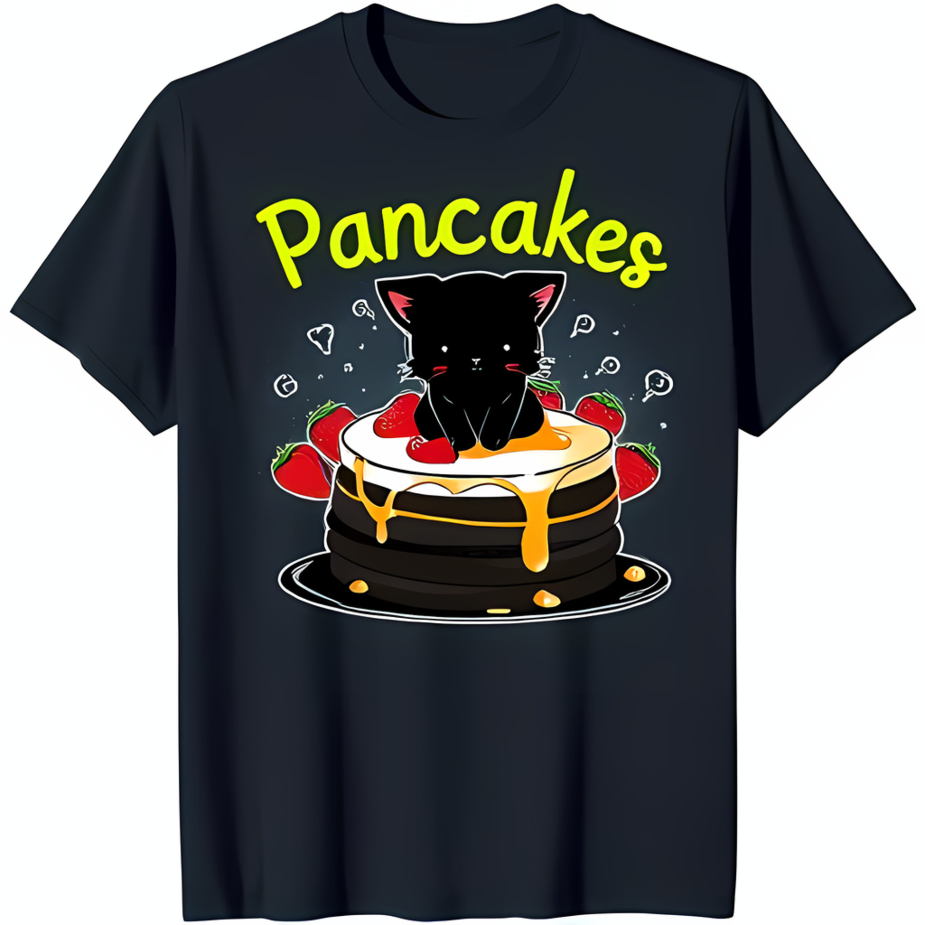 Adorable Black Cat on Pancakes T-Shirt Cute Design with Strawberries ...