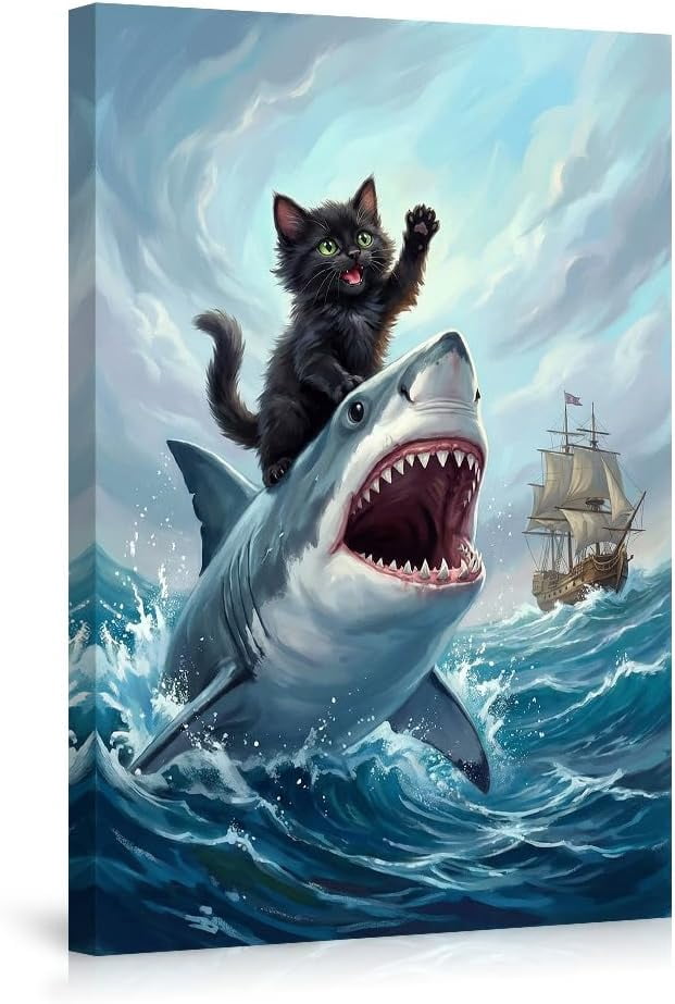 Adorable Black Kitten Riding Shark Wall Art Canvas Prints Fantasy Ocean ...