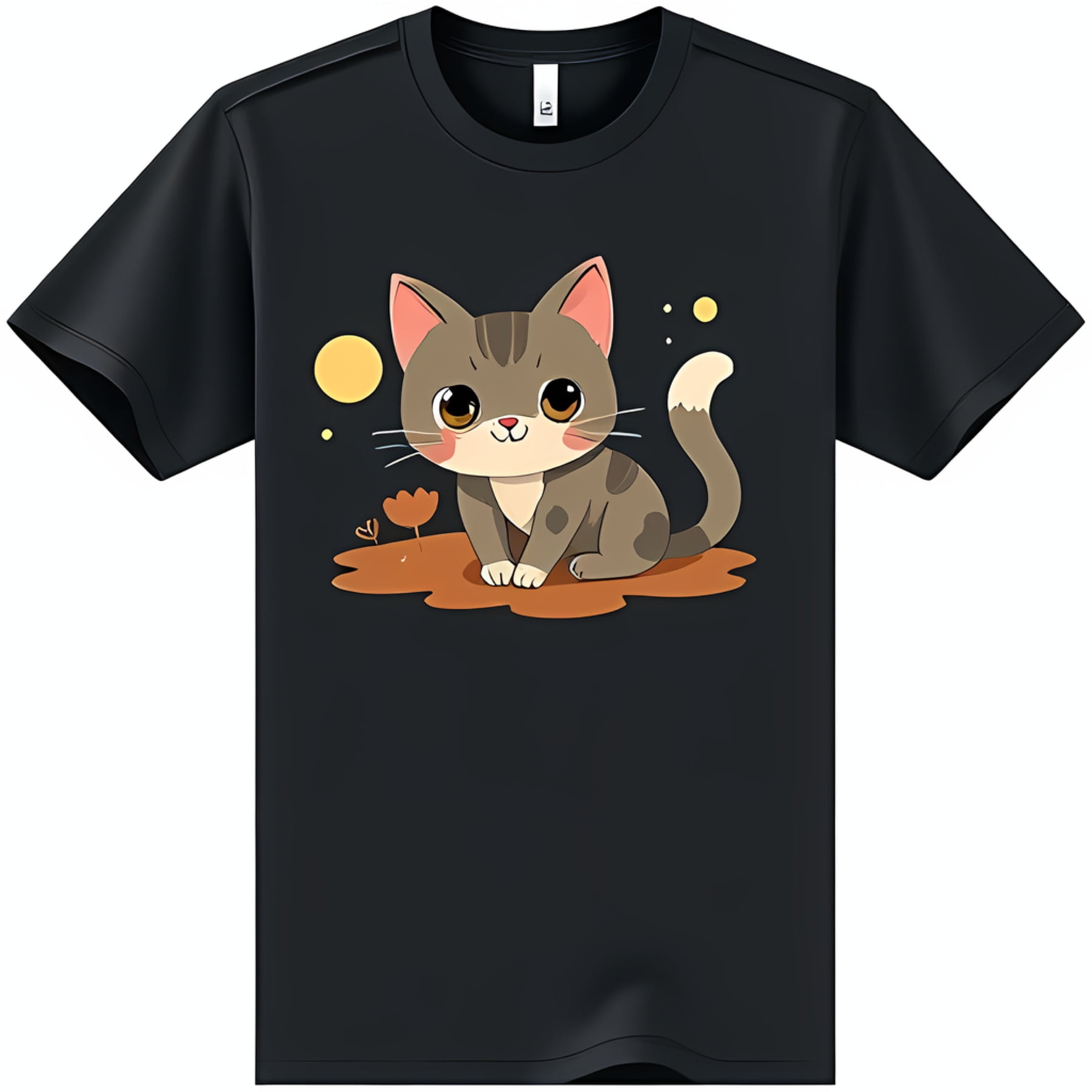 Adorable Black T-Shirt with Cartoon Cat in Pink Collar on Leafy Bed ...