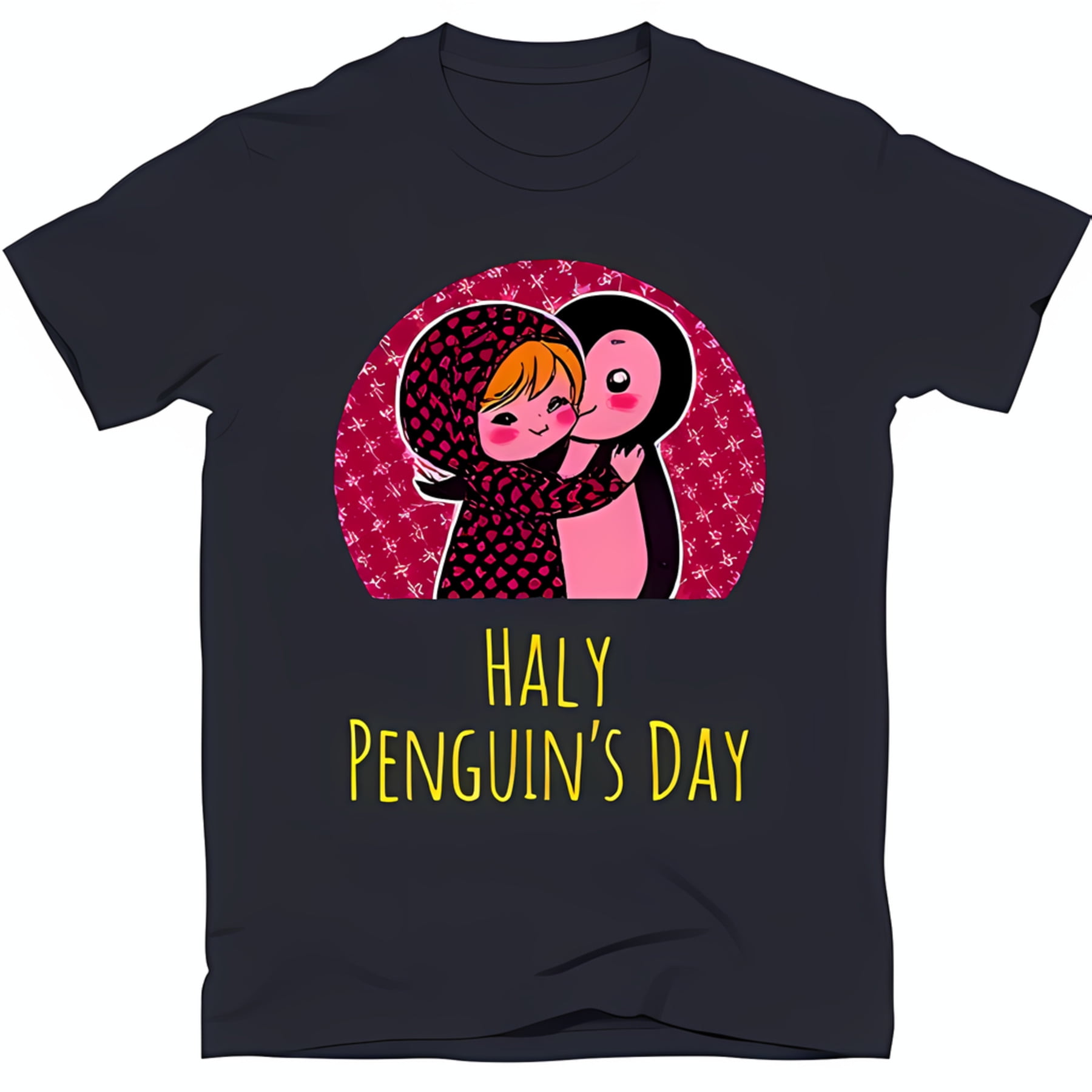 Adorable Black T-Shirt with Cartoon Girl Hugging Pink Penguin Graphic ...