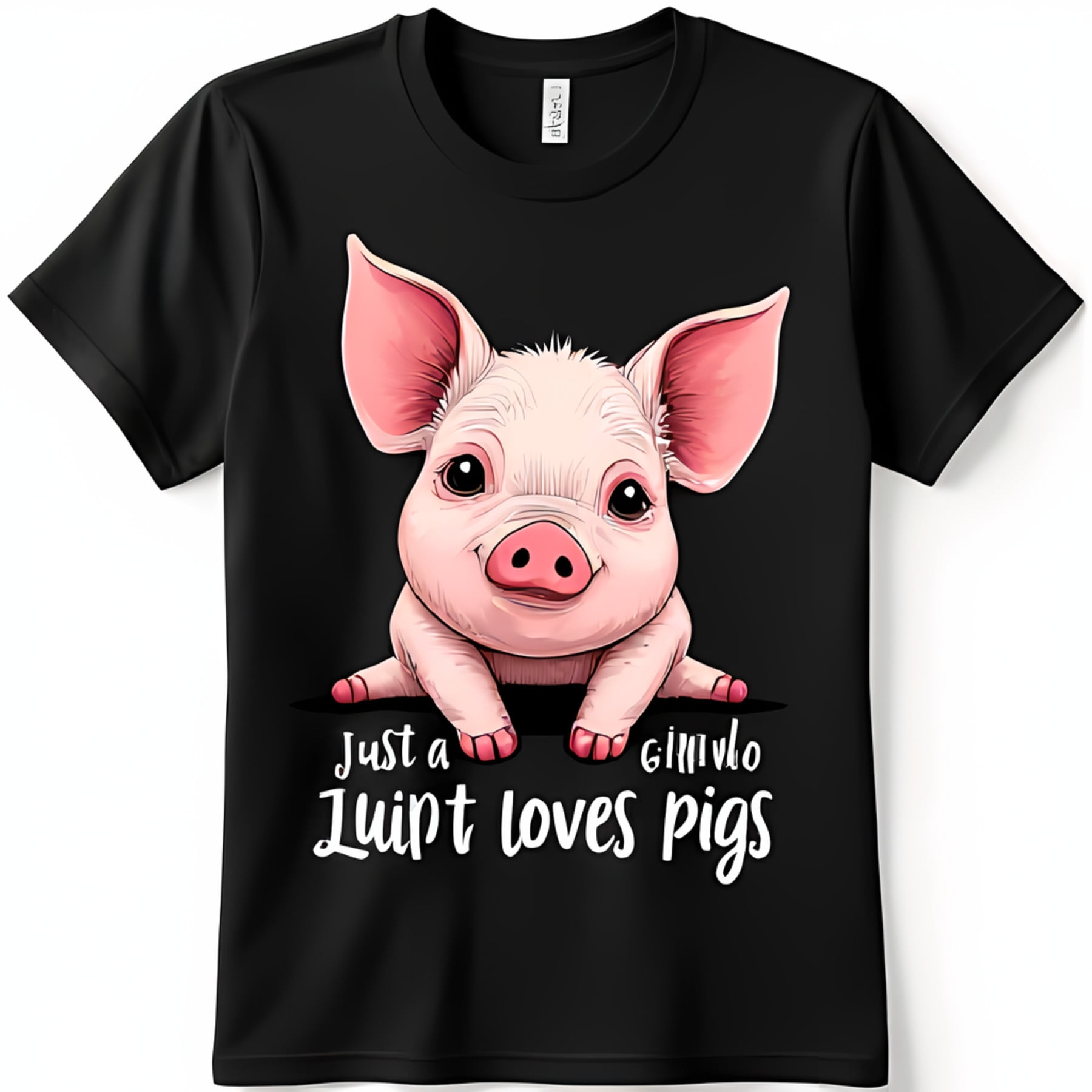 Adorable Black T-Shirt with Cartoon Pig Graphic Just a Girl Who Loves ...