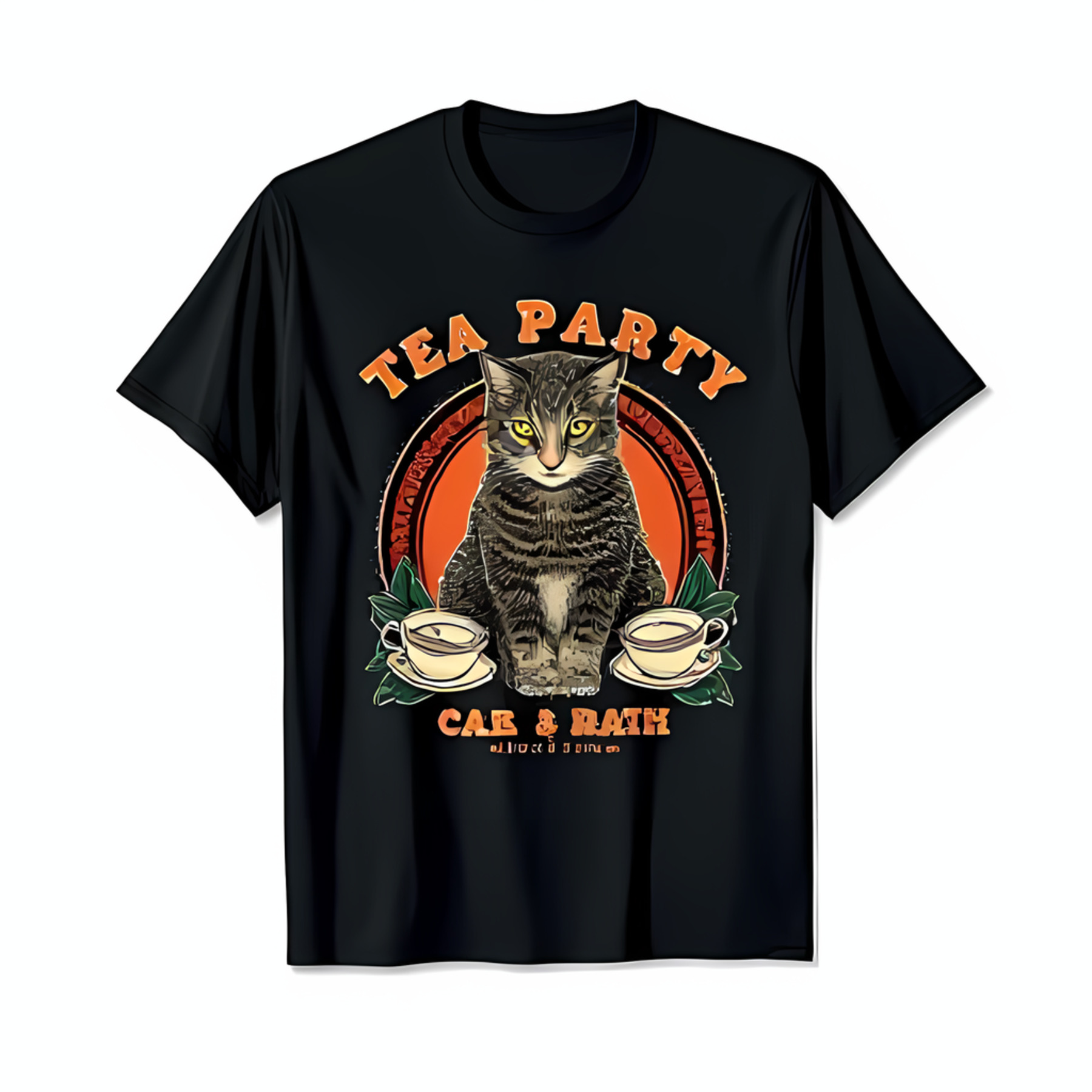 Adorable Black T-Shirt with Cute Cat Graphic Tea Party Design & Vintage ...